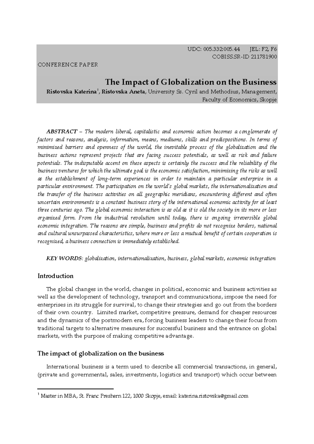 The Impact of Globalization on the Business - UDC: 005:005 JEL: F2, F ...