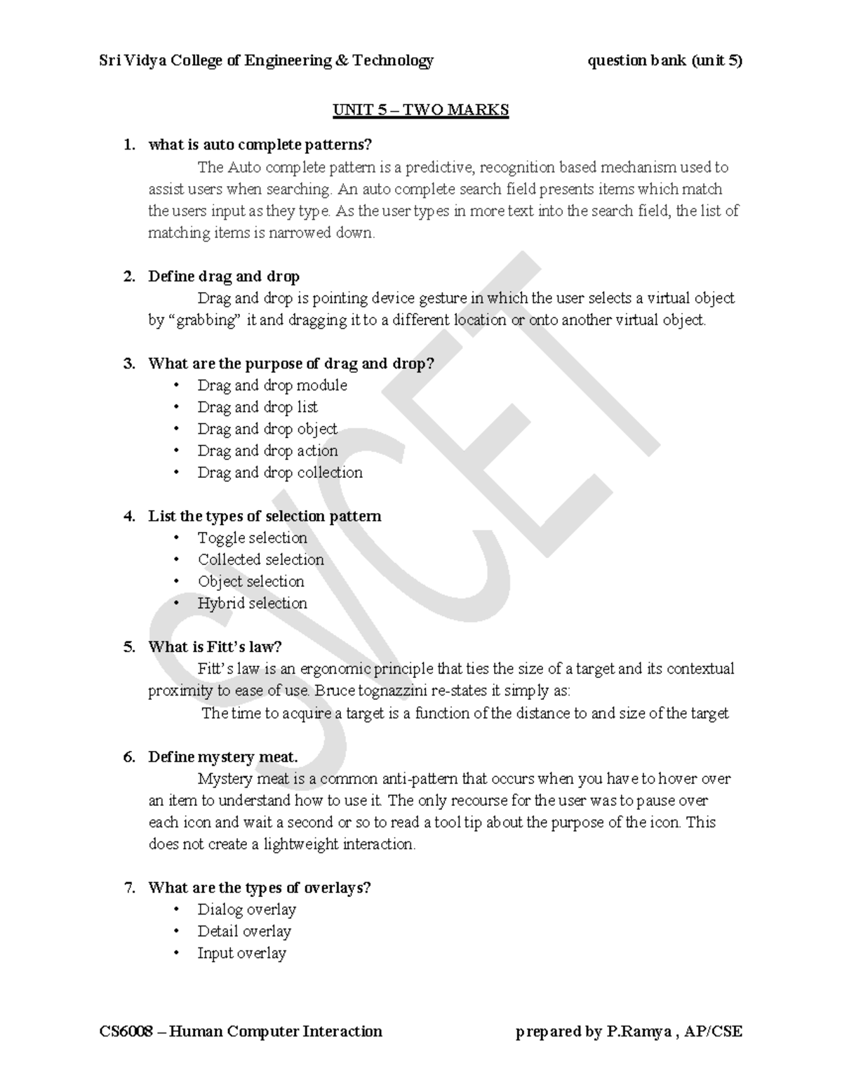 QB 104 825 - HCI - Sri Vidya College of Engineering & Technology question bank (unit 5) CS6008 ñ ...