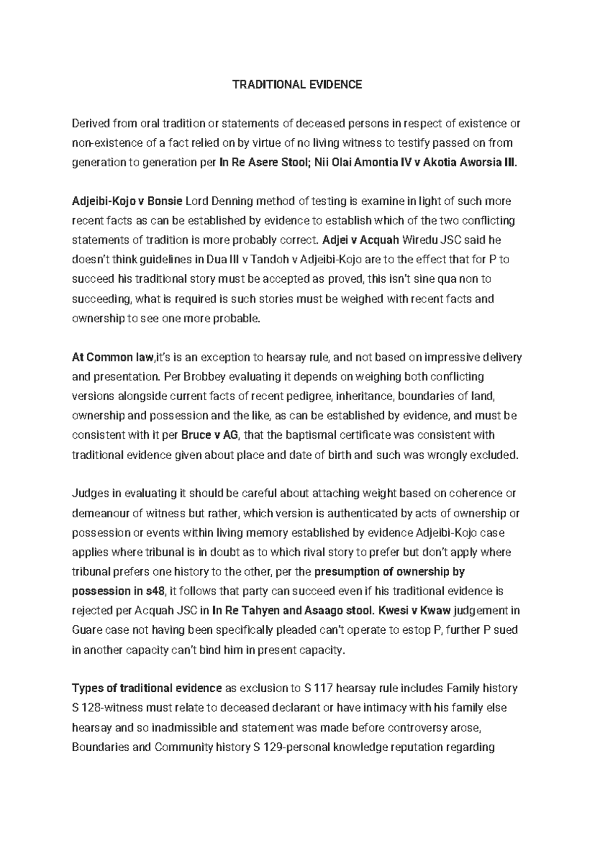 Traditional Evidence - TRADITIONAL EVIDENCE Derived from oral tradition ...