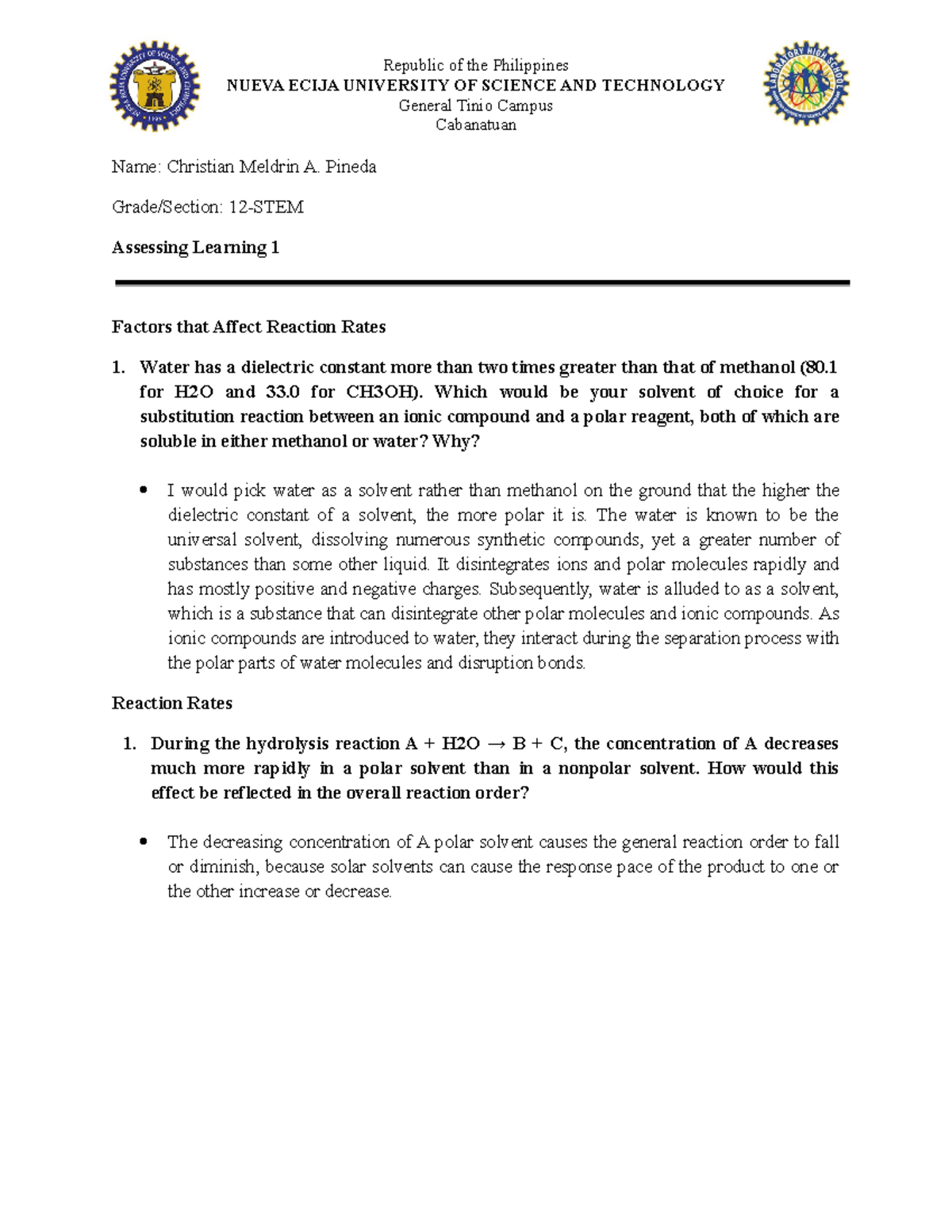 Chem 2 ass 1 - Activity - NUEVA ECIJA UNIVERSITY OF SCIENCE AND ...