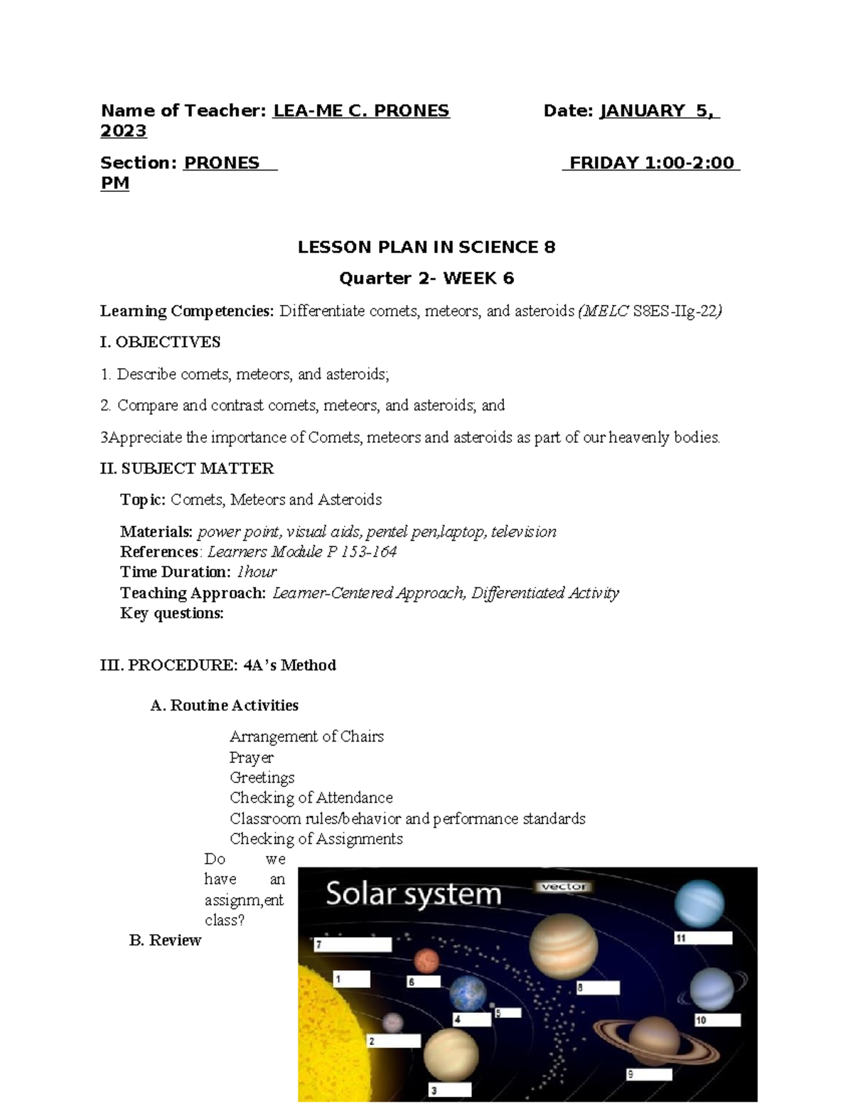 LP G 8 science Cometsmeteorsasteroids - Name of Teacher: LEA-ME C ...