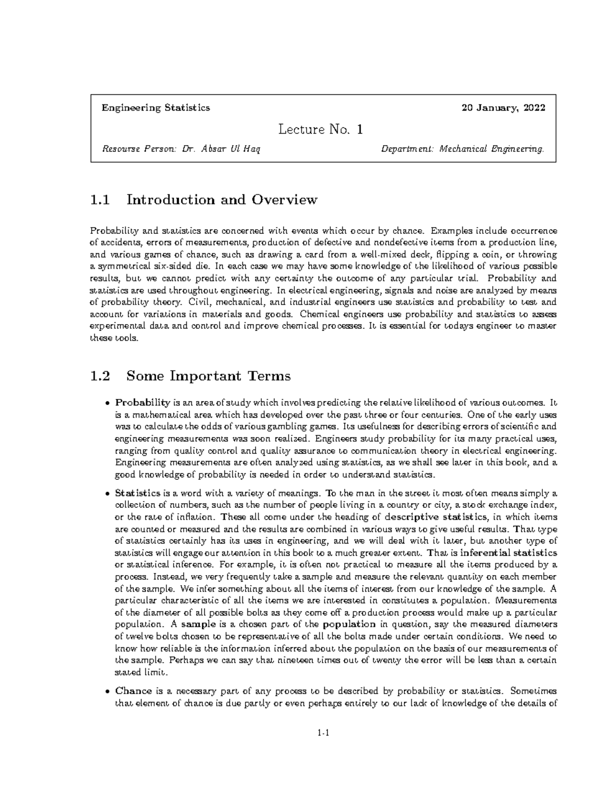 Lecture No - notes - Engineering Statistics 20 January, 2022 Lecture No ...