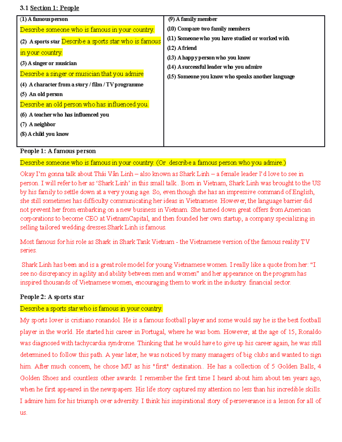 Speaking PART II ( People) - 3 Section 1: People (1) A famous person ...