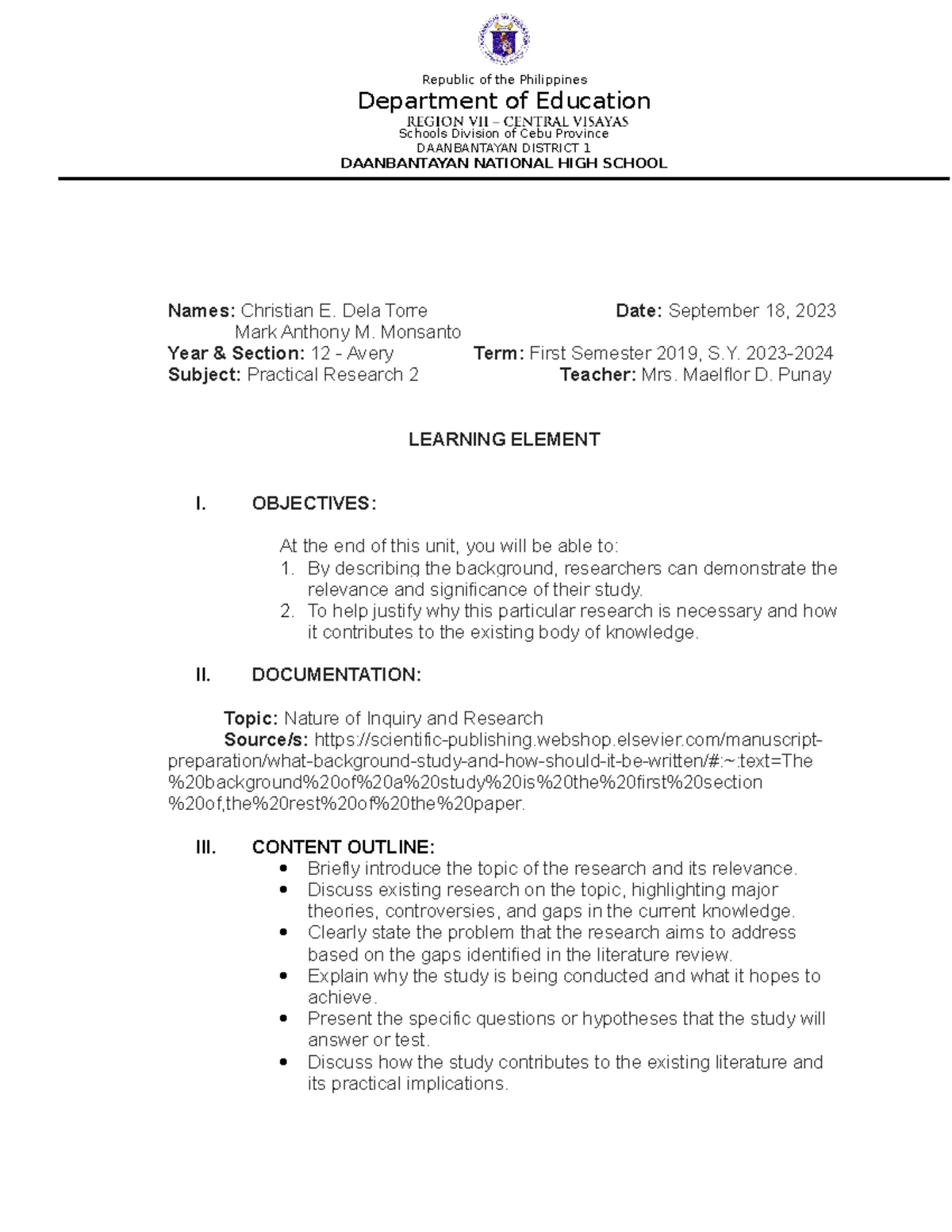 Learning Element Group 3 - Republic of the Philippines Department of ...