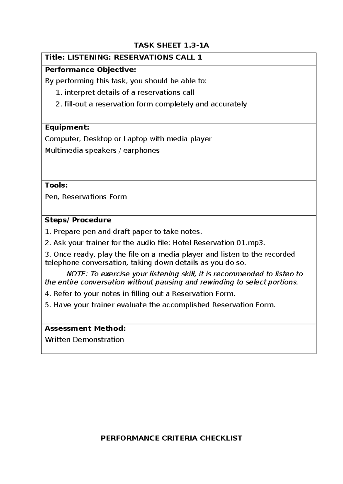 Fls TASK Sheet with Checklist - TASK SHEET 1-1A Title: LISTENING ...