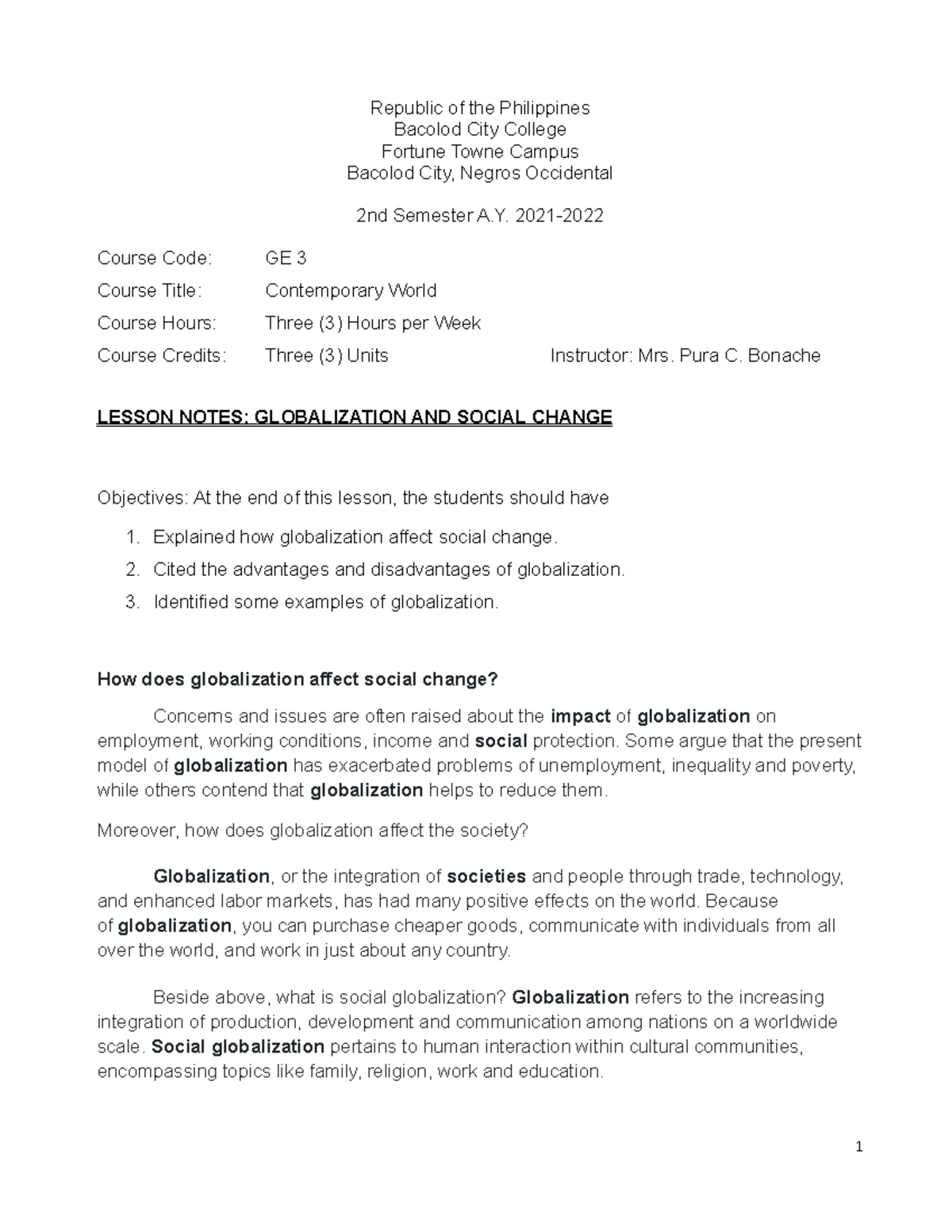 Lesson Notes ON Globalization AND Social Change - Republic of the ...