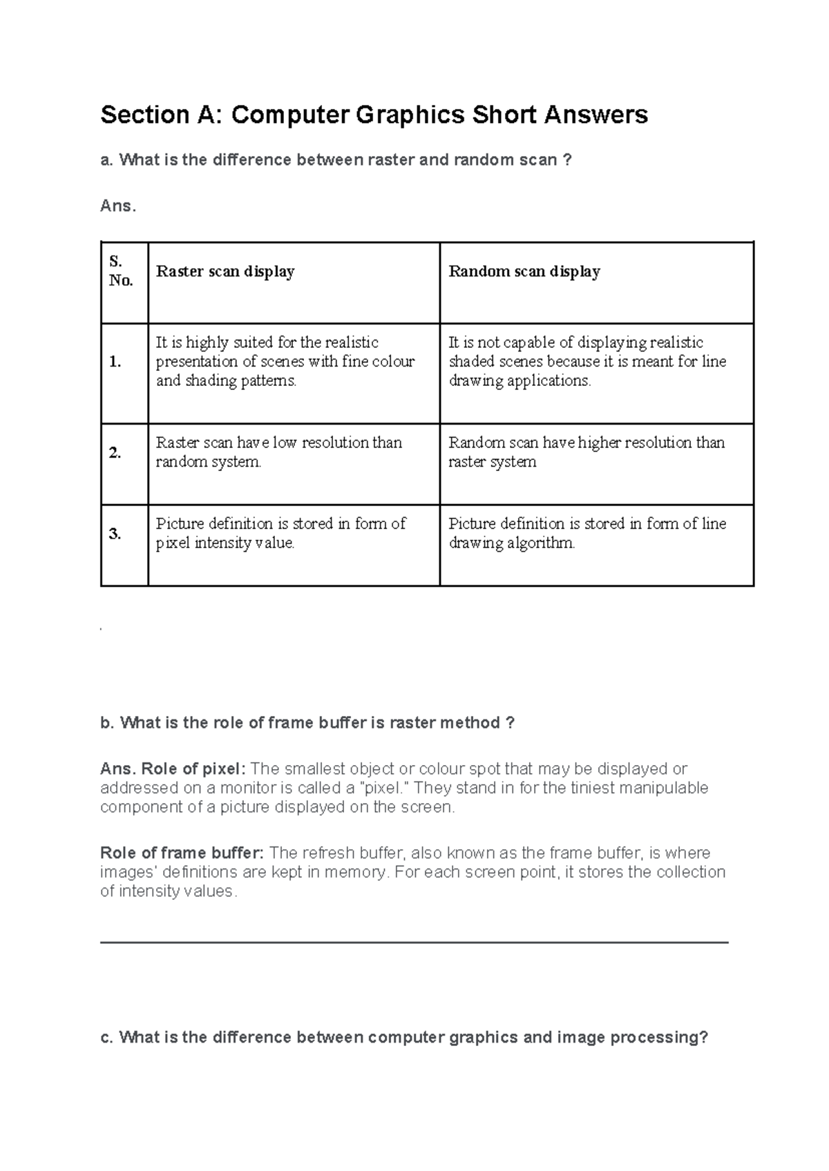 Section A - notes - Section A: Computer Graphics Short Answers a. What ...
