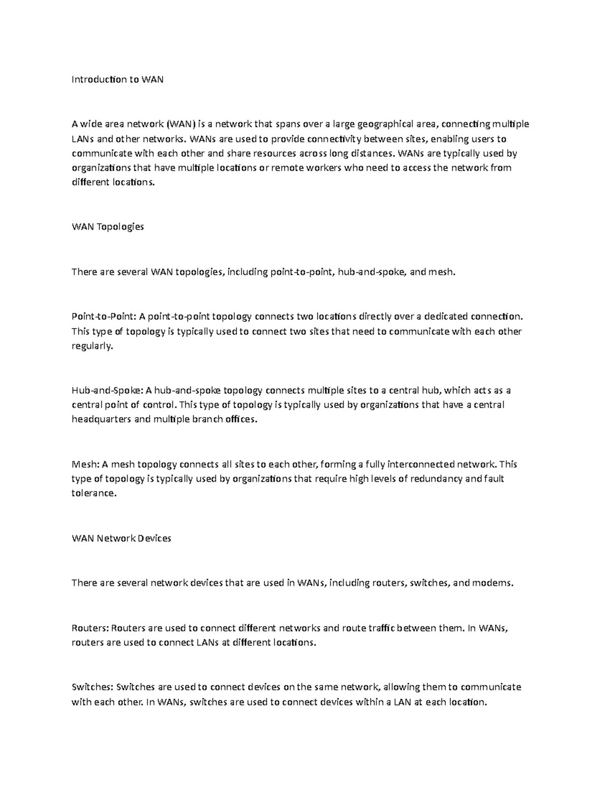 WAN MOD - Module - Introduction to WAN A wide area network (WAN) is a ...