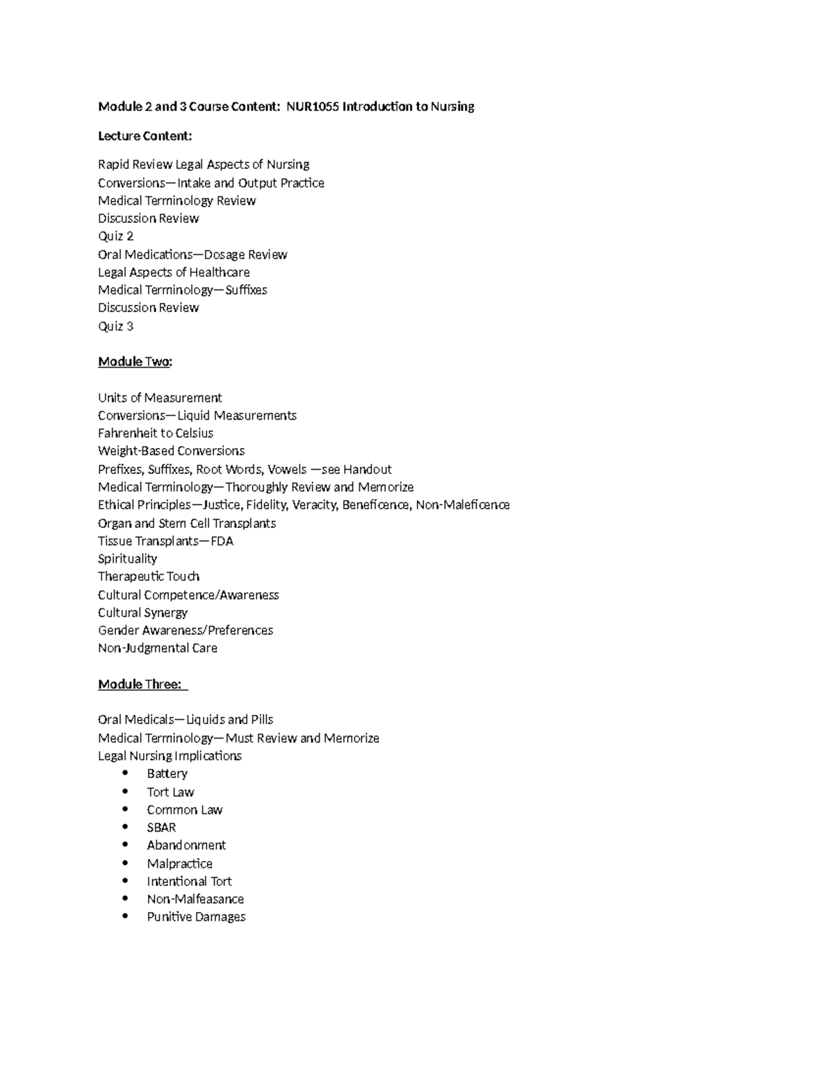 Intro to Nursing Module 2 and 3 Content - Module 2 and 3 Course Content ...