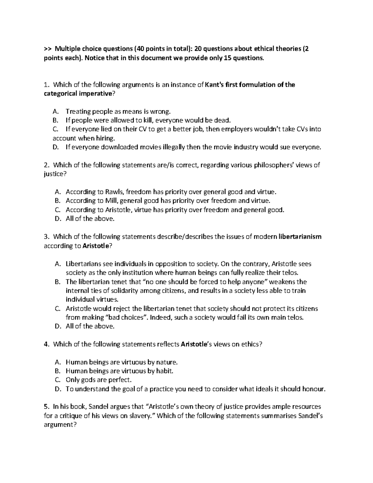 Mock Exam - proef examen - **>> Multiple choice questions (40 points in ...