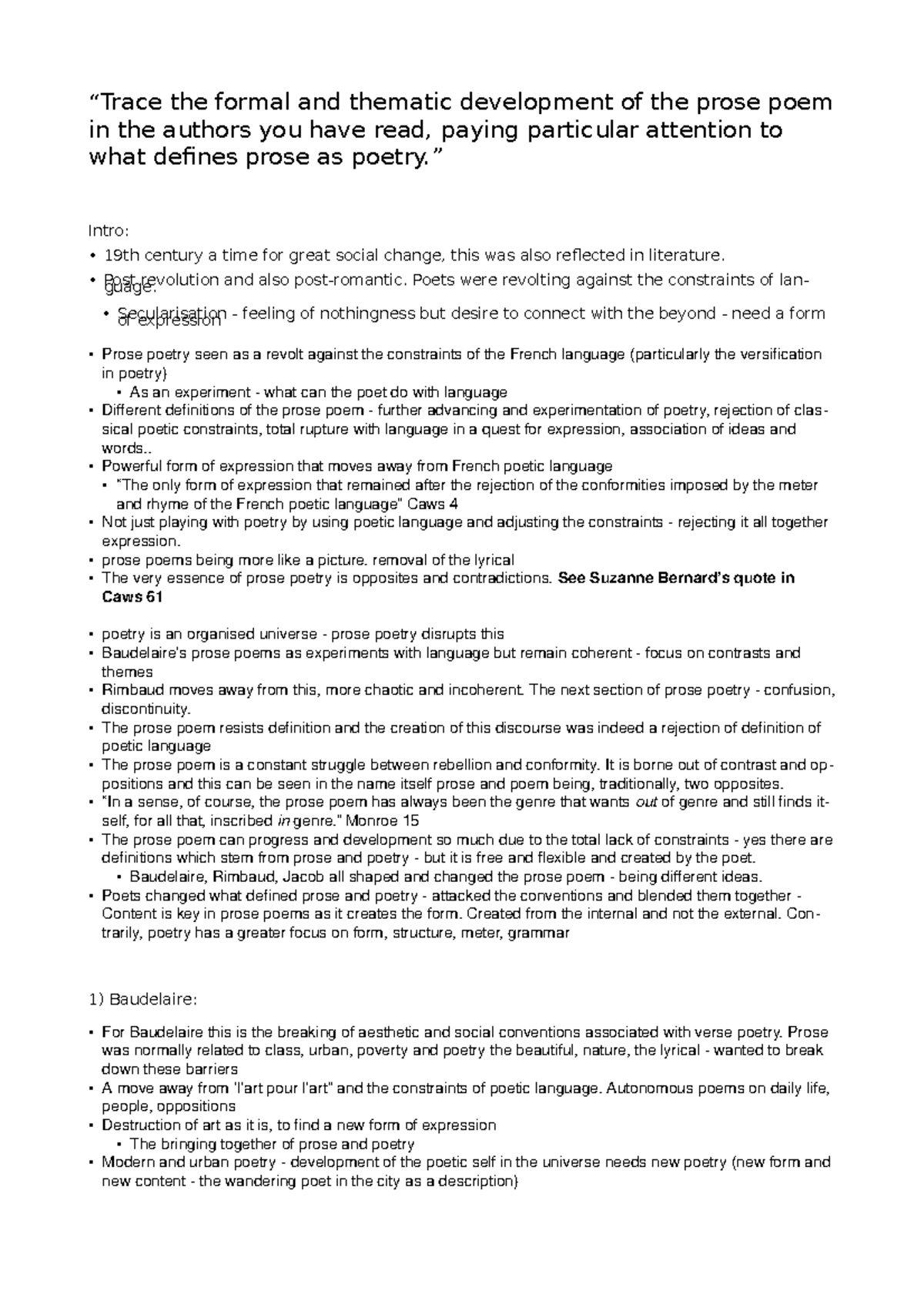 French Prose Poem Essay Plan - “Trace the formal and thematic ...