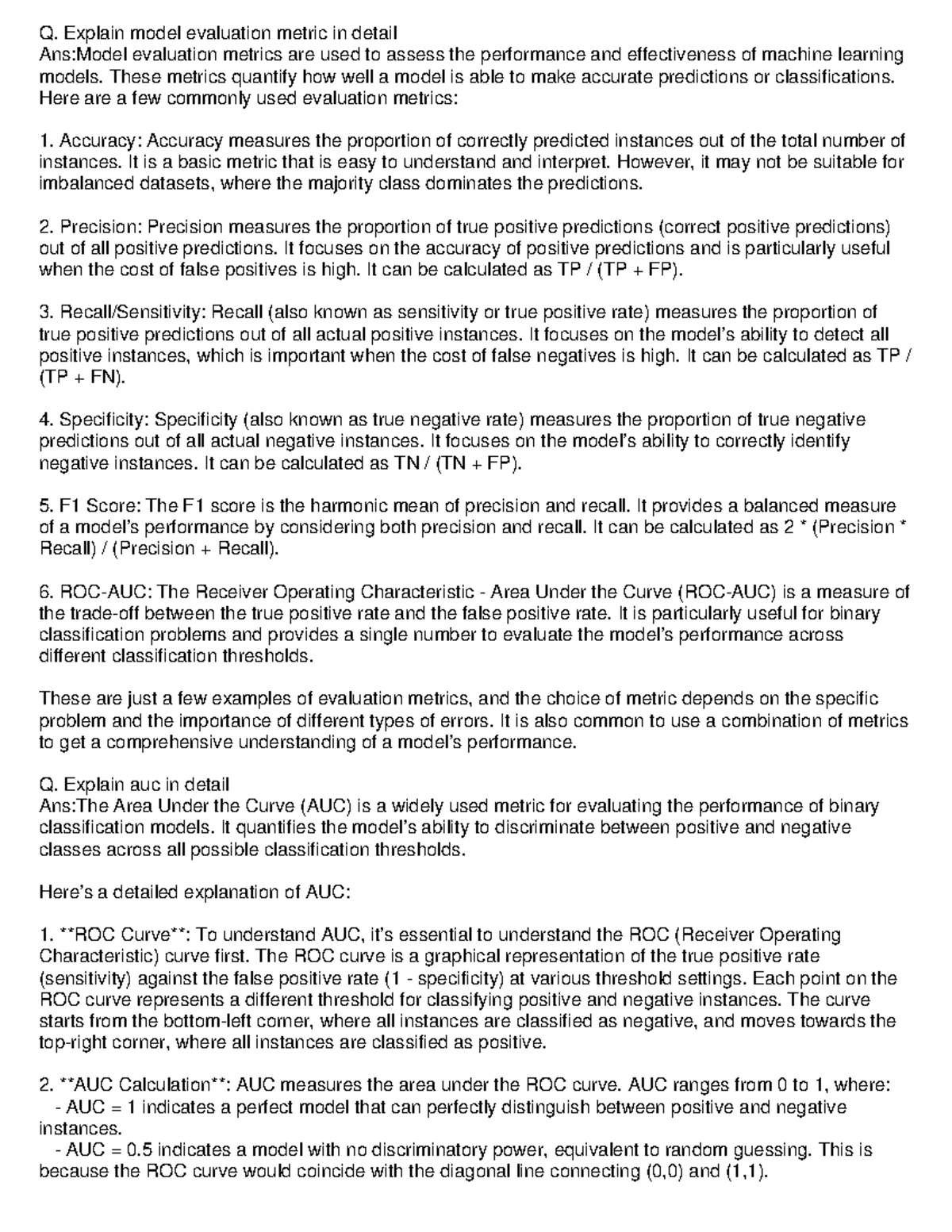 Dsunit 3 - Data s - Q. Explain model evaluation metric in detail Ans ...