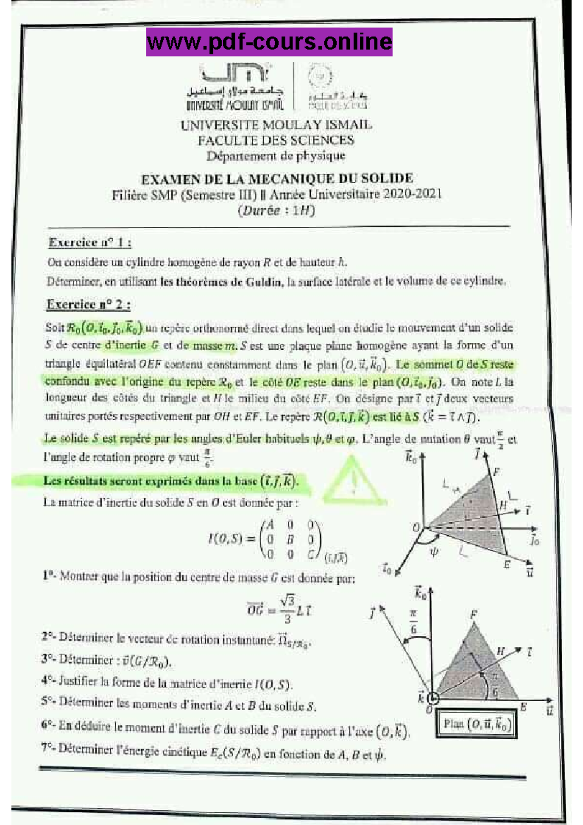 Mécanique du solide 🔥 examen session normal 2021 avec correction faculté des sciences université ...