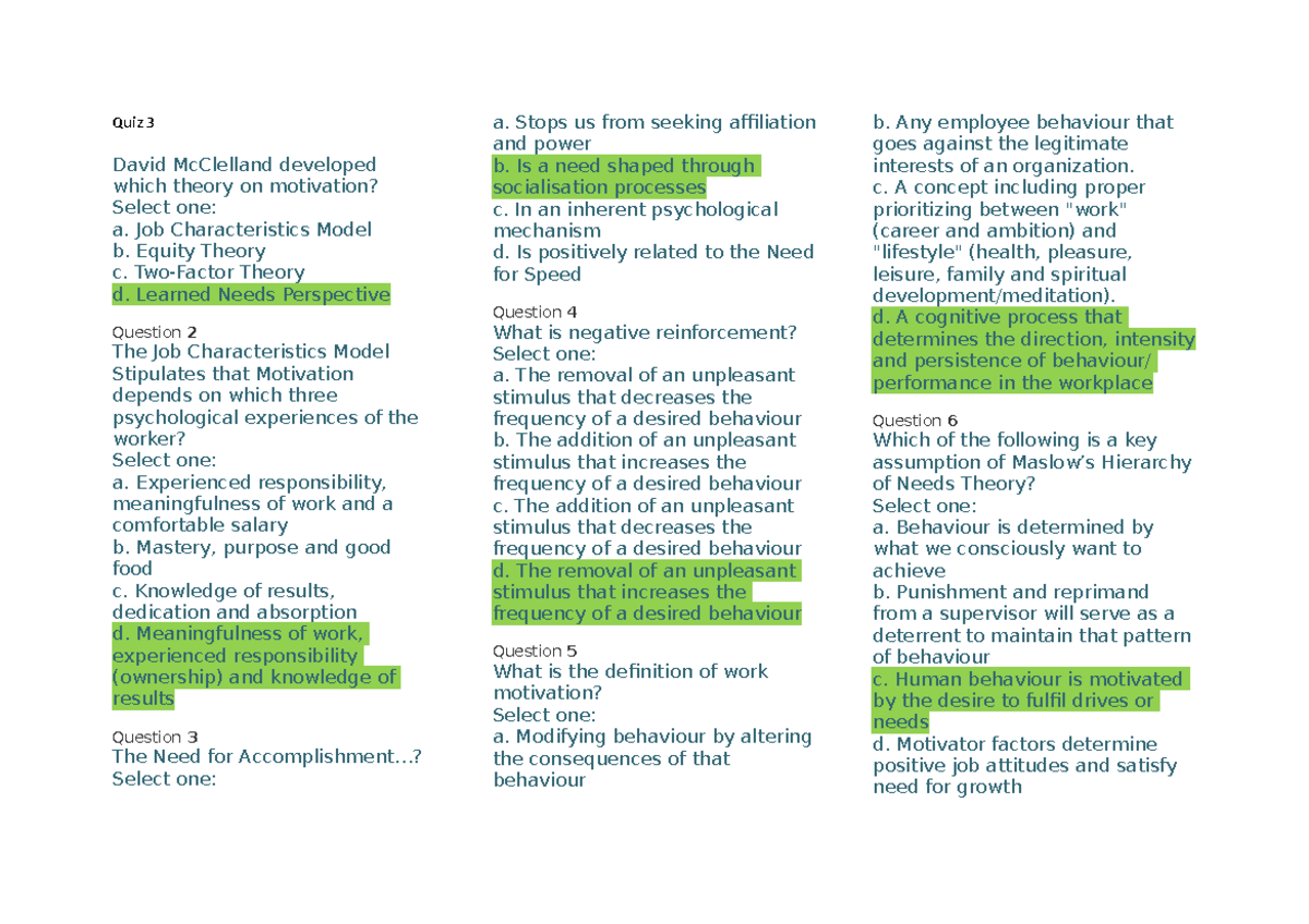 Quiz 3 Practice - Motivation and Leadership Theories - Quiz 3 David ...