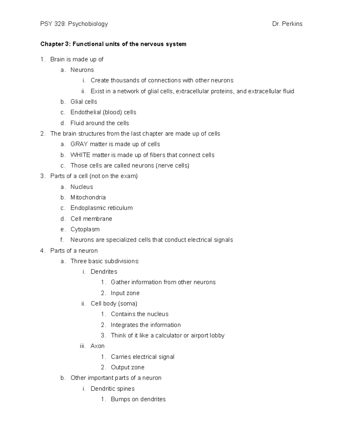 Chapter 3 outline - Chapter 3: Functional units of the nervous system ...