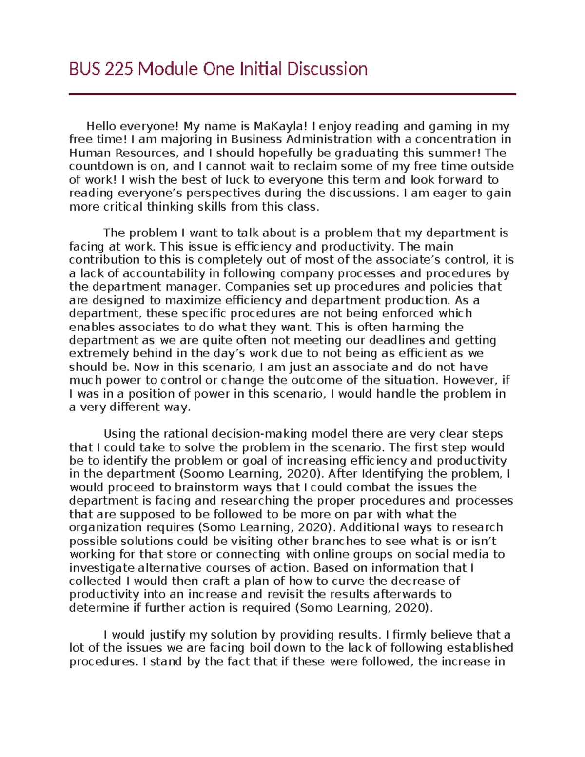 Module One Discussion Notes - BUS 225 Module One Initial Discussion ...