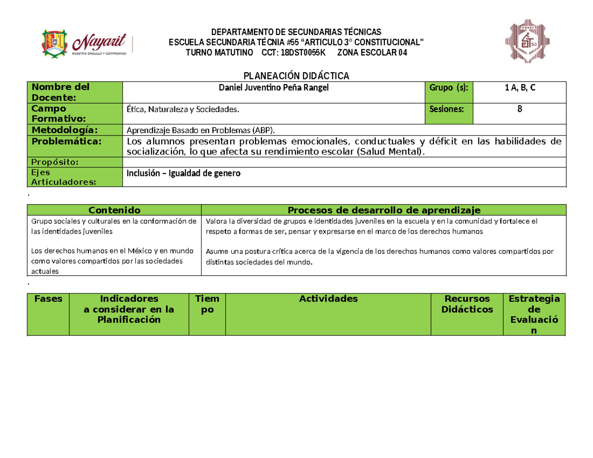 Planeacion didactica aprendizaje basado en problemas - ESCUELA SECUNDARIA TÉCNIA #55 “ARTICULO 3 ...