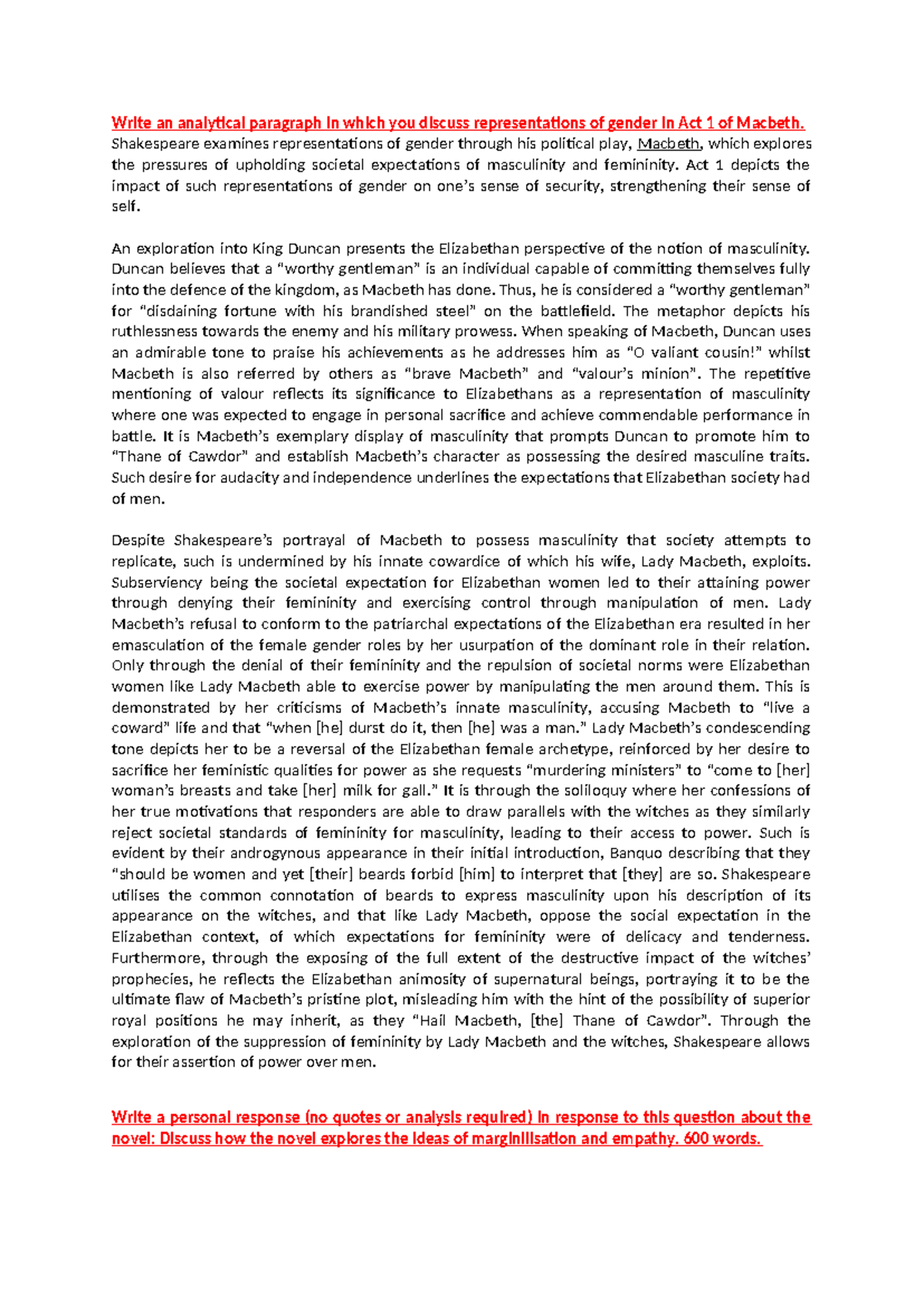 Macbeth Sample Essays - Write an analytical paragraph in which you ...