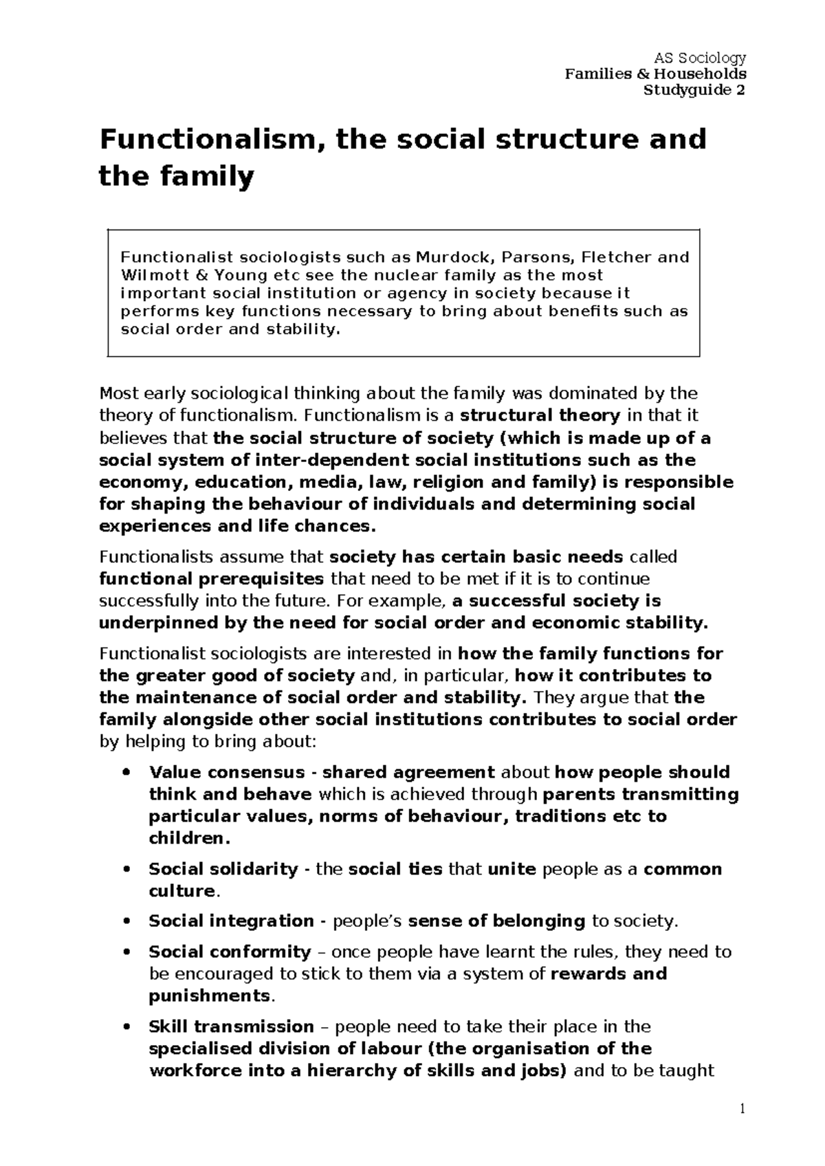 2. Functionalism - Families & Households Studyguide 2 Functionalism ...
