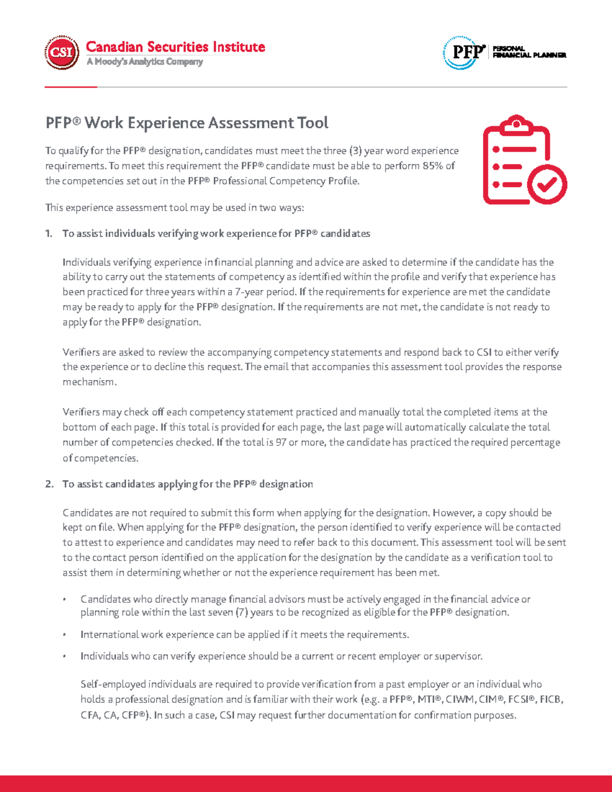 PFP Work Experience Declaration Assessment Tool - PFP® Work Experience ...