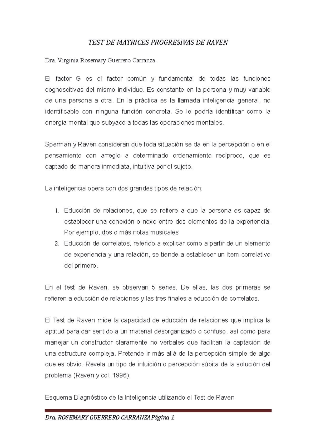 Raven Aspectos Especiales - TEST DE MATRICES PROGRESIVAS DE RAVEN Dra ...