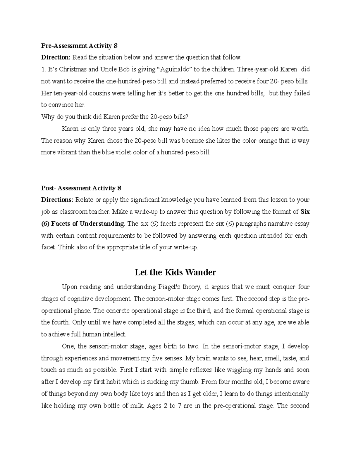 Pre and Post Assessment Task No. 8 - Pre-Assessment Activity 8 ...