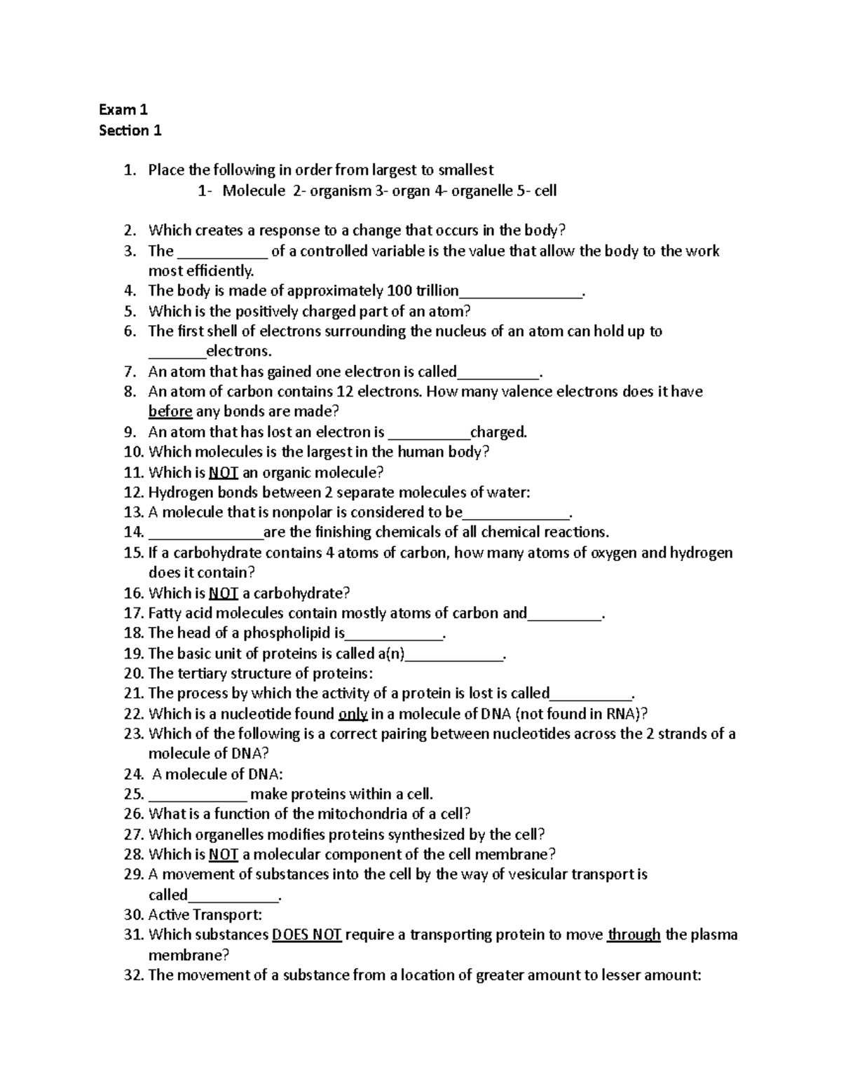 Exam 1 Questions - Exam 1 Section 1 Place the following in order from ...