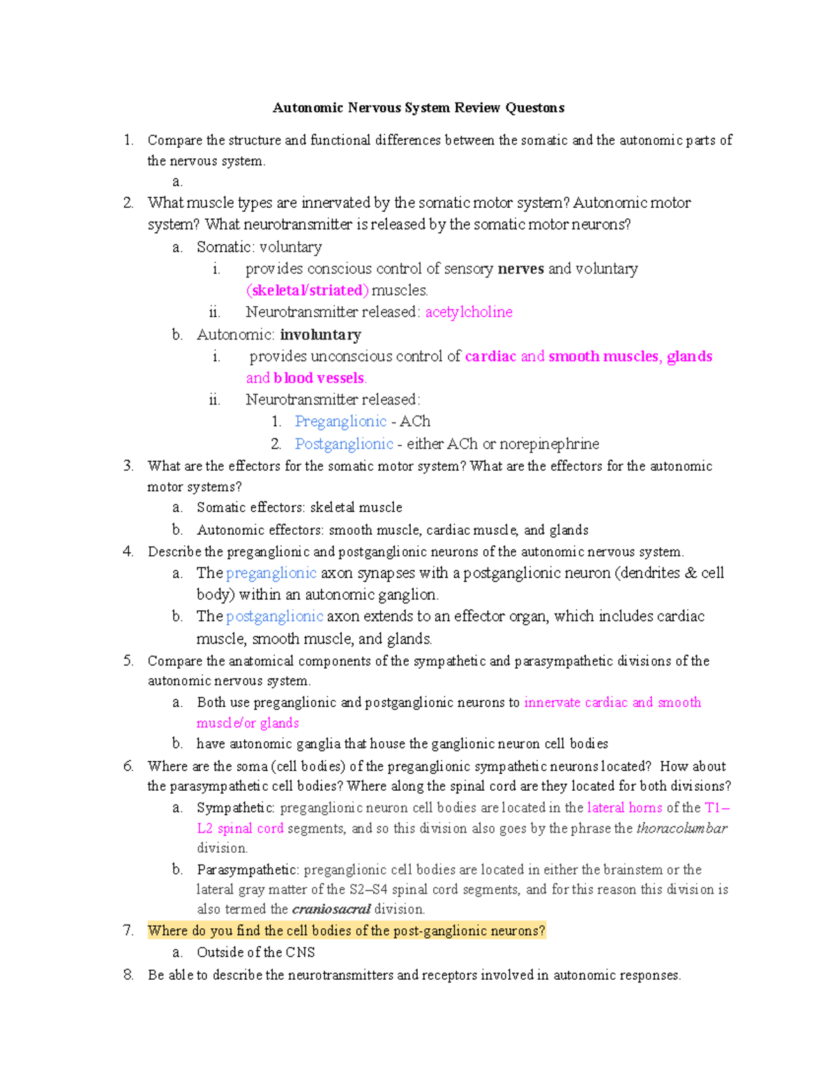 Chapter 15 Autonomic System Review - Autonomic Nervous System Review ...