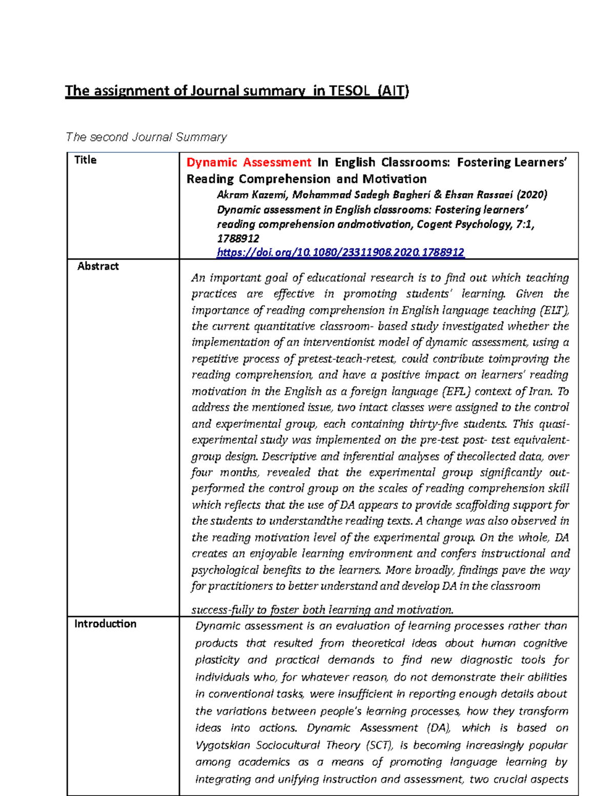 The assignment of Journal summary in Tesol - 1080/23311908.2020 ...