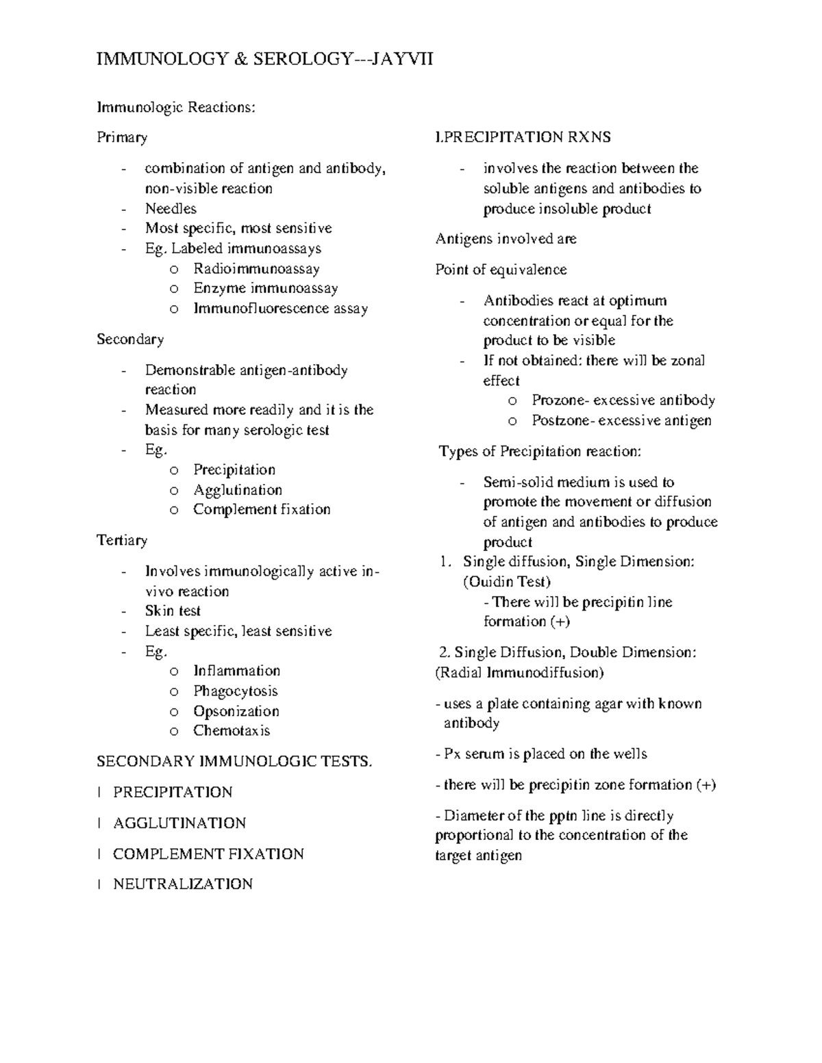 Immunoserology notes - 1 - IMMUNOLOGY & SEROLOGY-JAYVII Immunologic ...