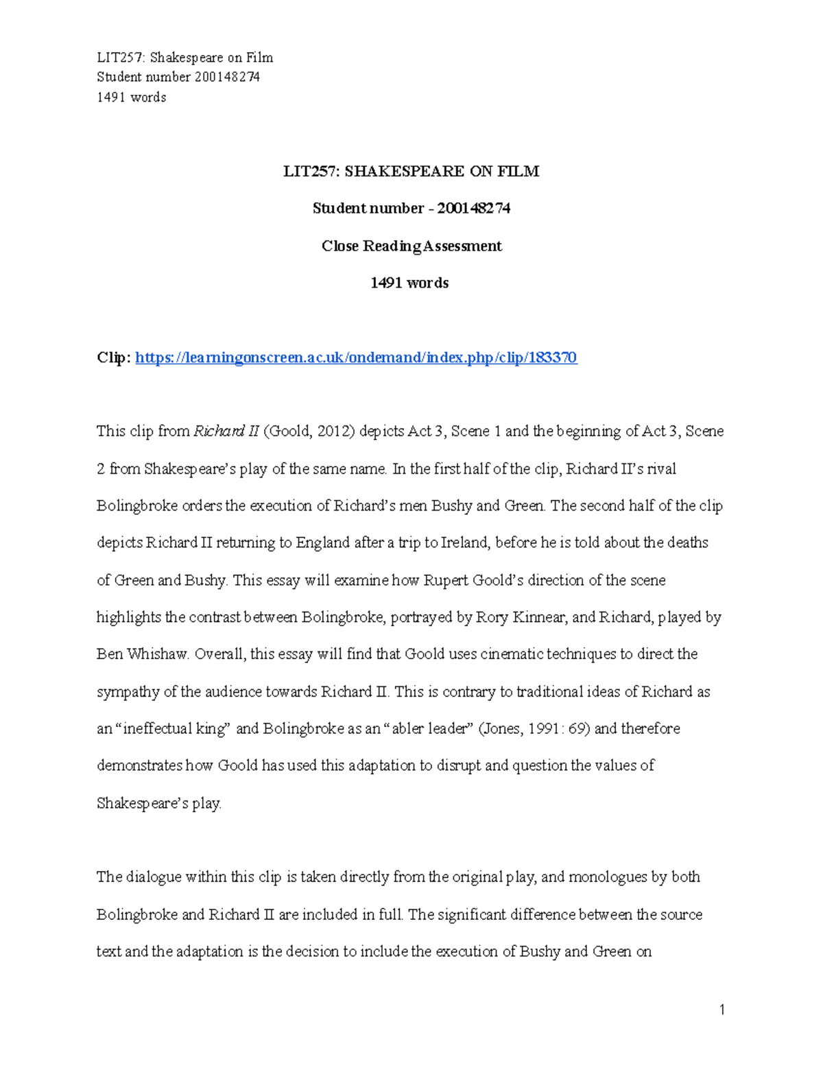 Shakespeare close reading - Student number 200148274 1491 words LIT257 ...