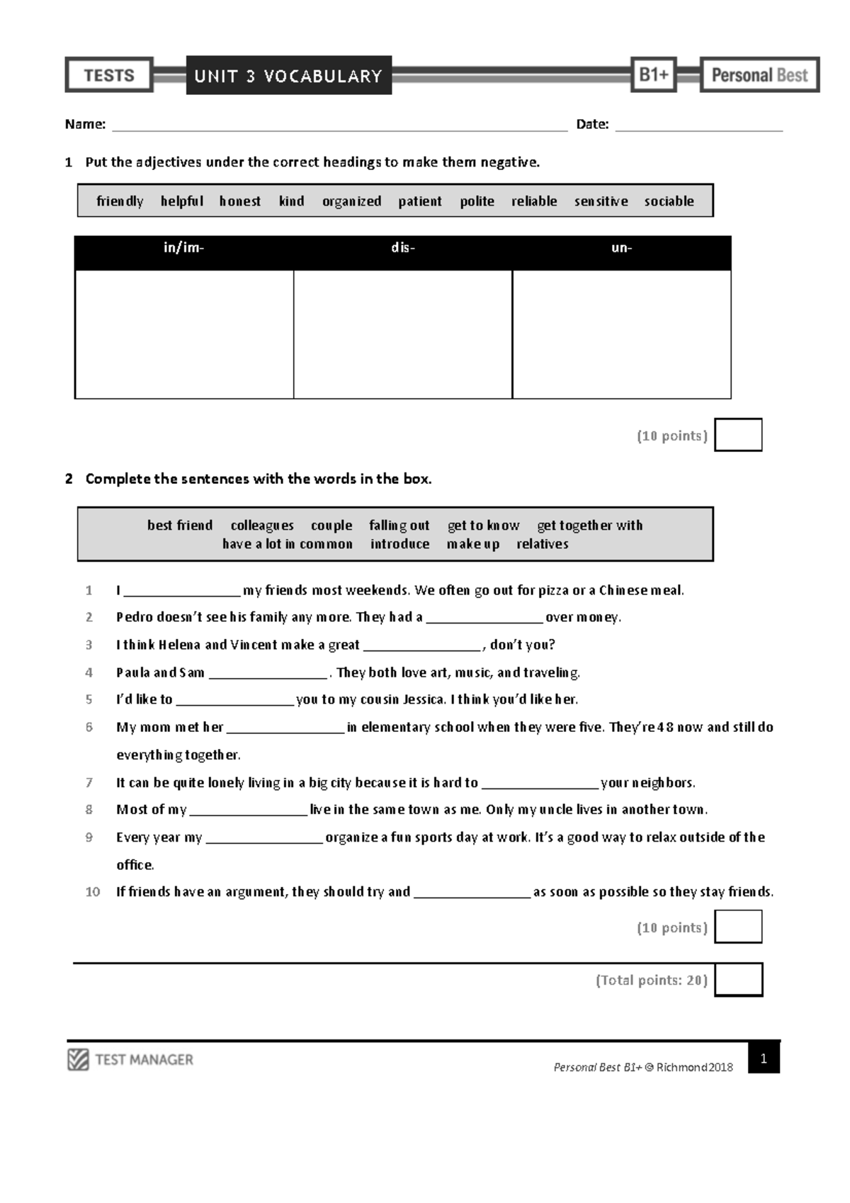 Personal Best B1+ Unit 3 Vocab test - UNIT 3 VOCABULARY 1 Personal Best ...