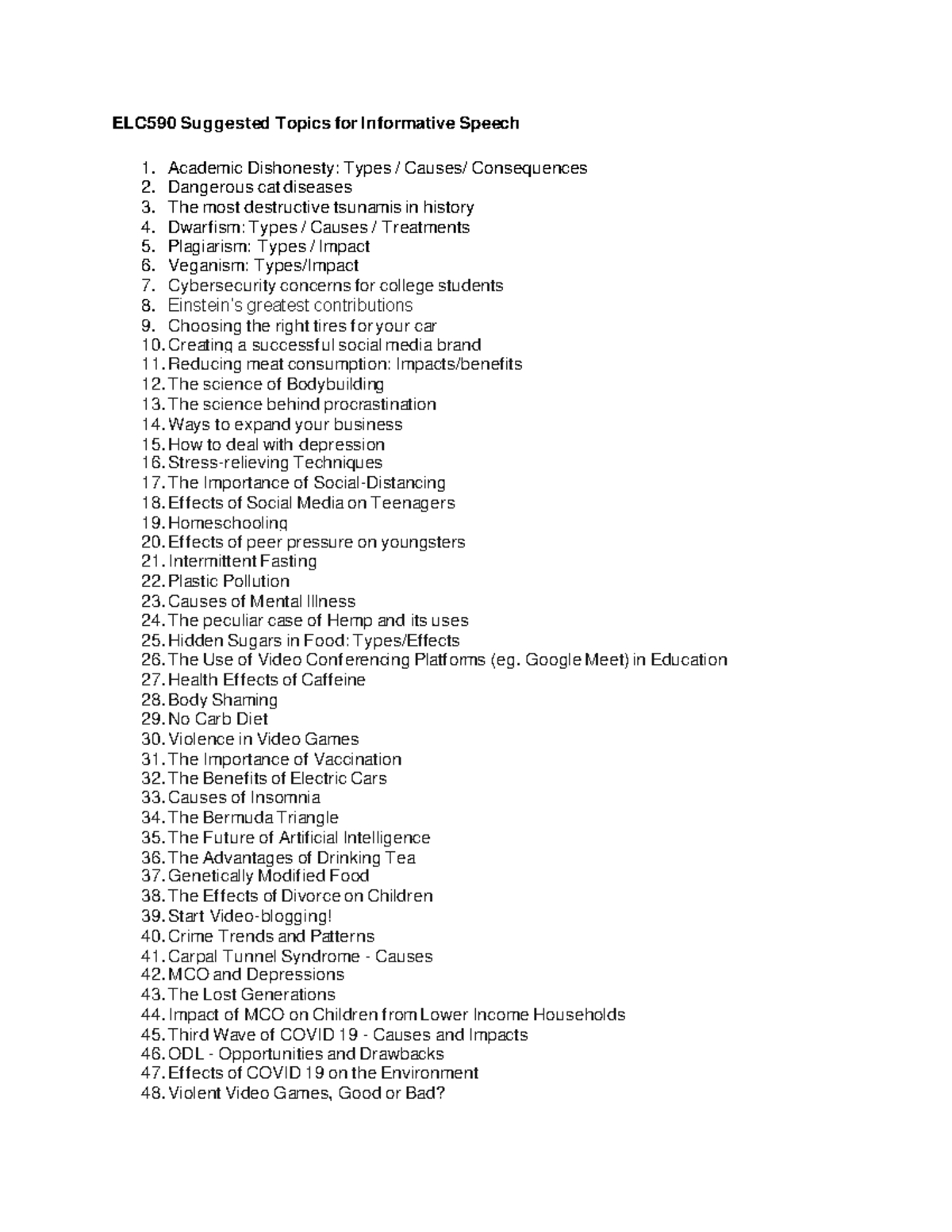 Suggested Topic FOR Informative Speech - ELC590 Suggested Topics for ...