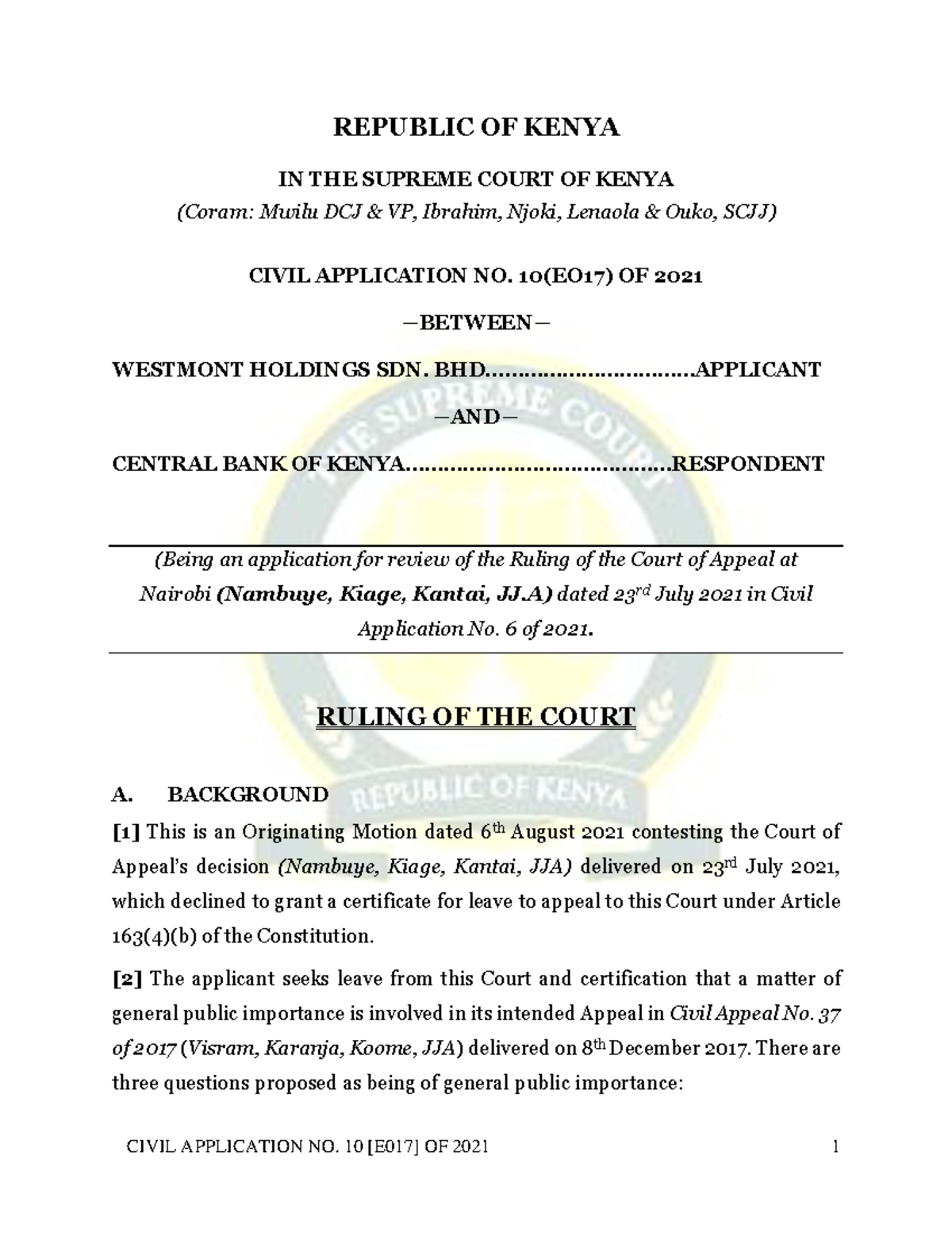 Ruling-application-no - REPUBLIC OF KENYA IN THE SUPREME COURT OF KENYA ...