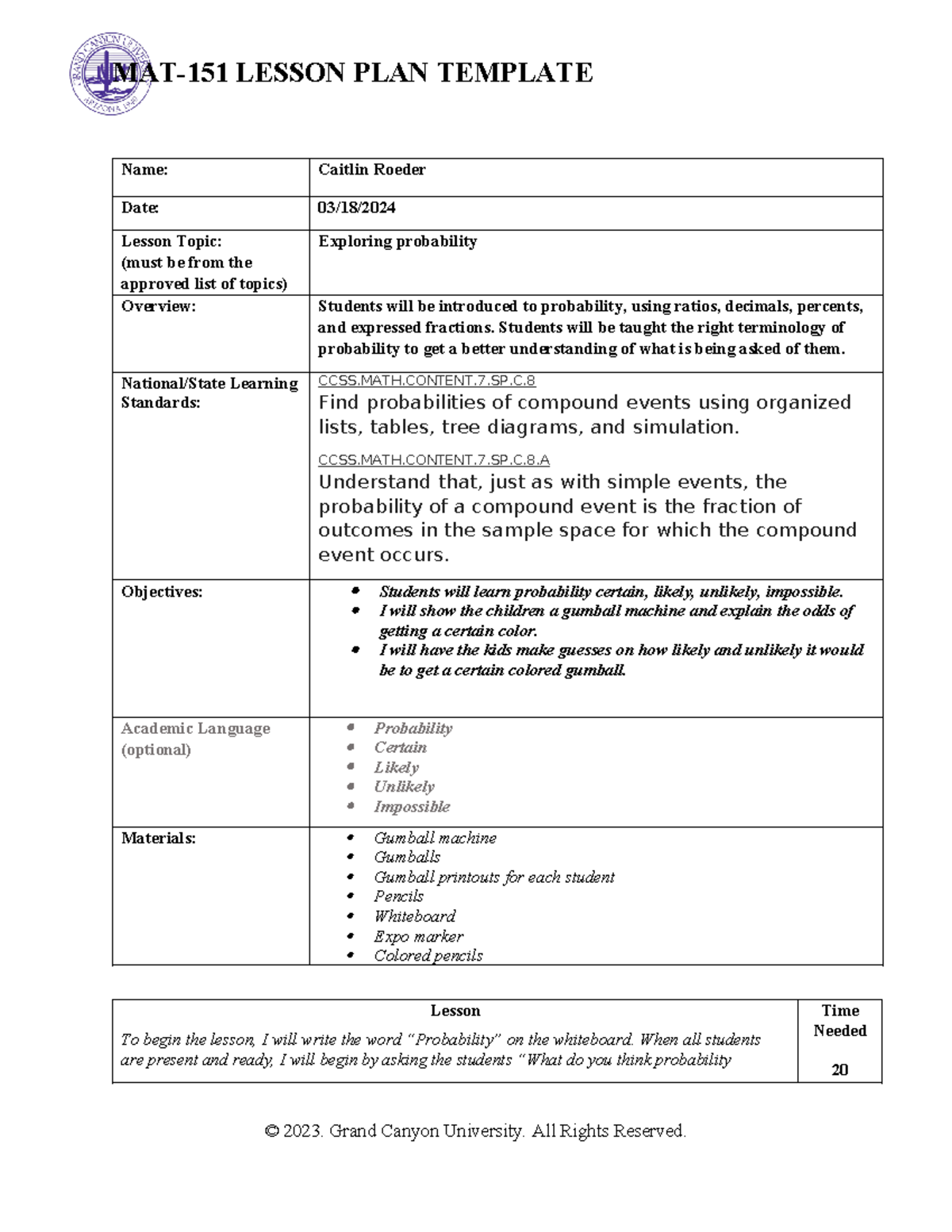Mat 151 lesson plan - Name: Caitlin Roeder Date: 03/18/ Lesson Topic ...