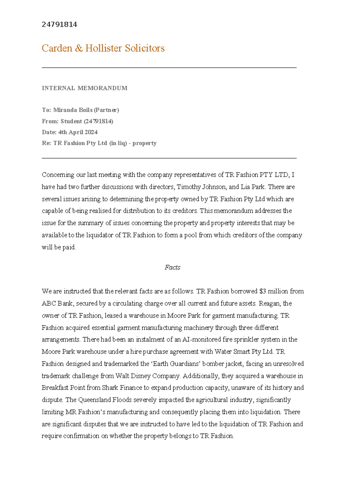 File Note For Assignment - Carden & Hollister Solicitors - Studocu