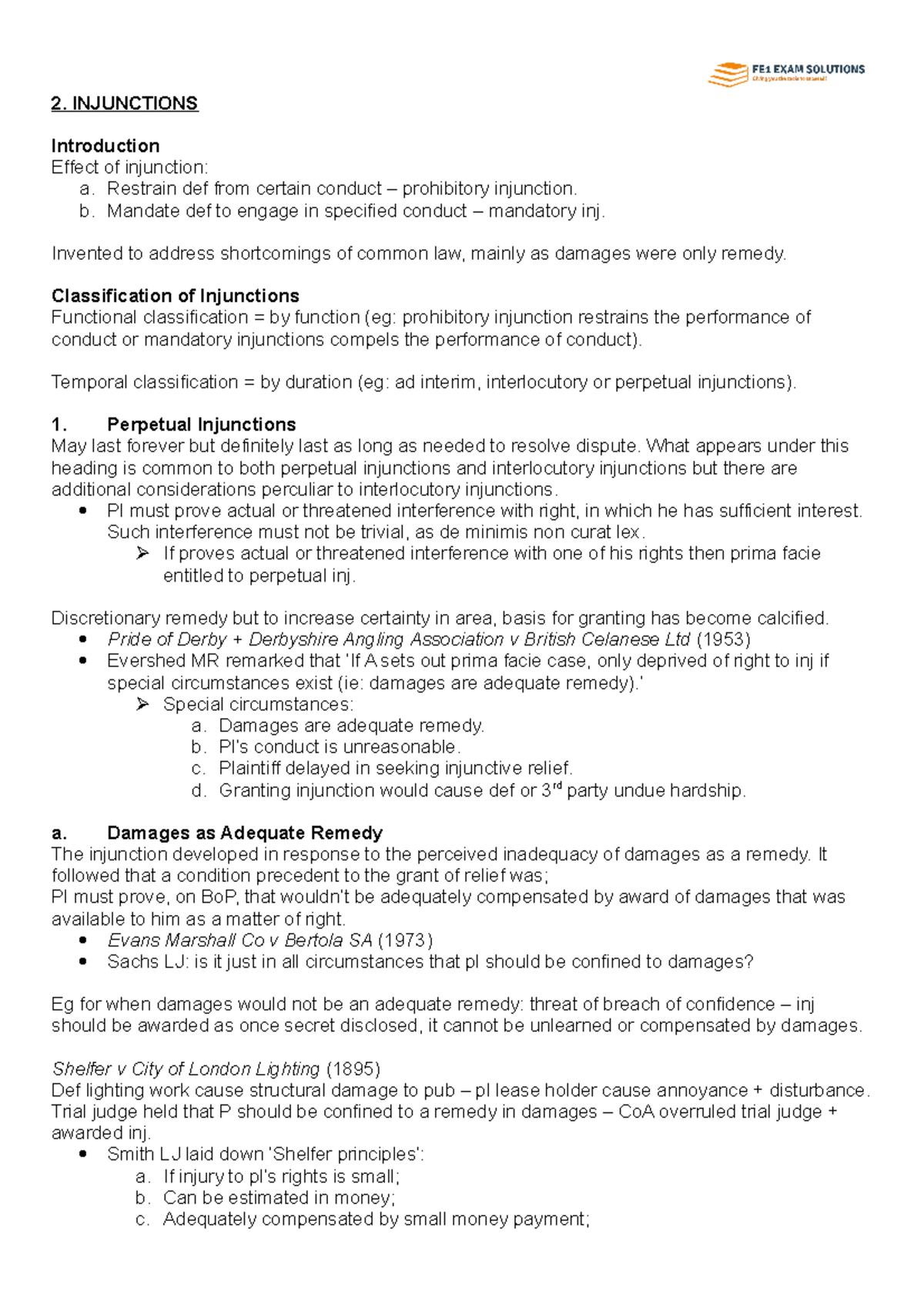 2 Injunctions summary notes from Equity course - 2. INJUNCTIONS ...