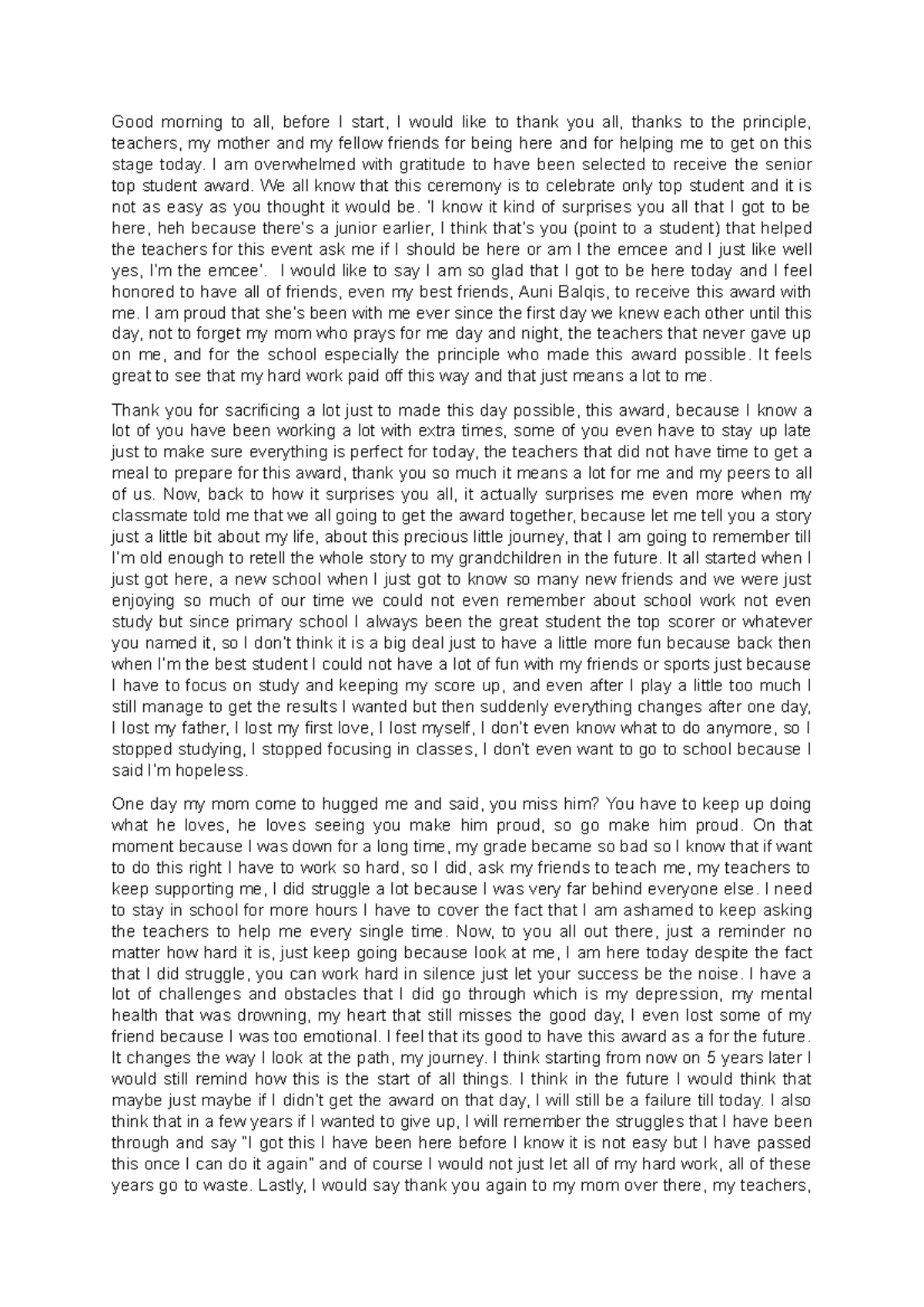 Acceptance Speech Draft - Good morning to all, before I start, I would ...