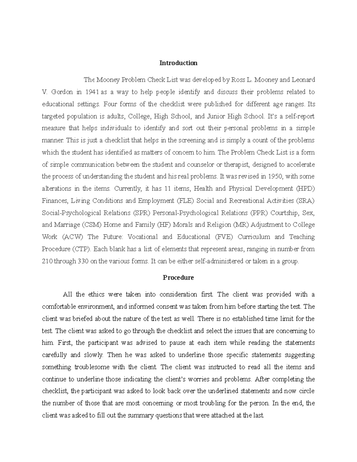 Mooney checklist - psychological testing - Introduction The Mooney ...