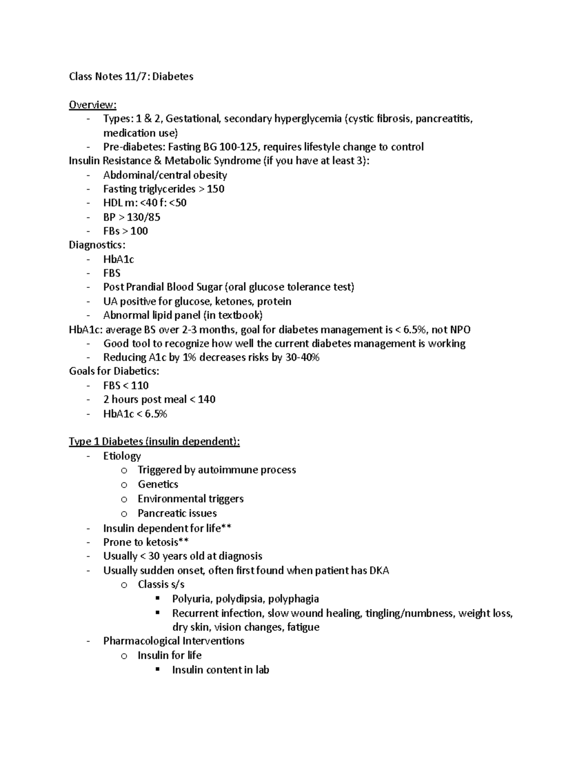 Diabetes Lecture Notes - Class Notes 11/7: Diabetes Overview: - Types ...