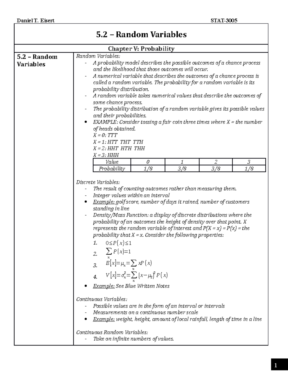 STAT-3005 - Notes - 5-2 - Random Variables - 5 – Random Variables ...