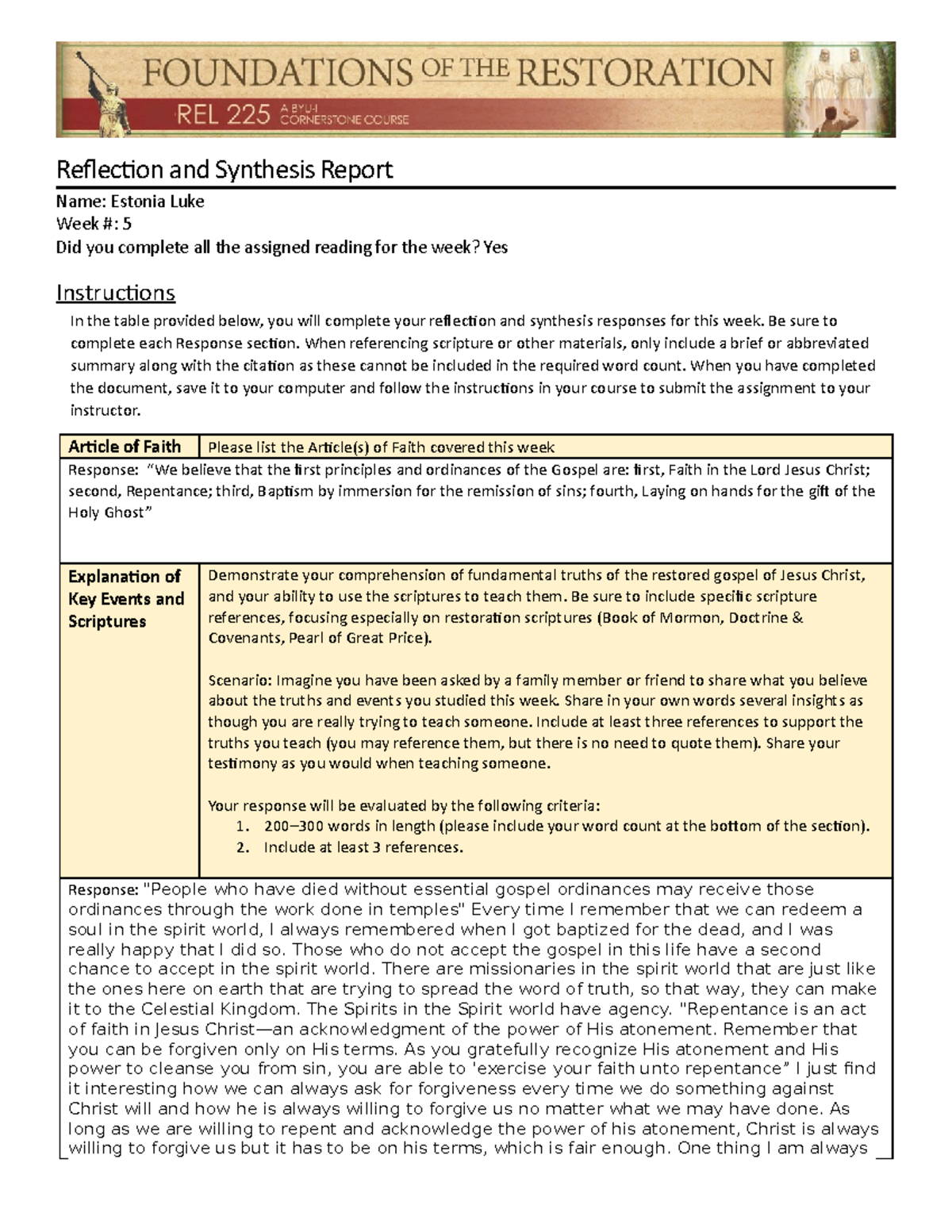 REL225C W00 Reflection And Synthesis (2) - Reflection and Synthesis Report Name: Estonia Luke ...