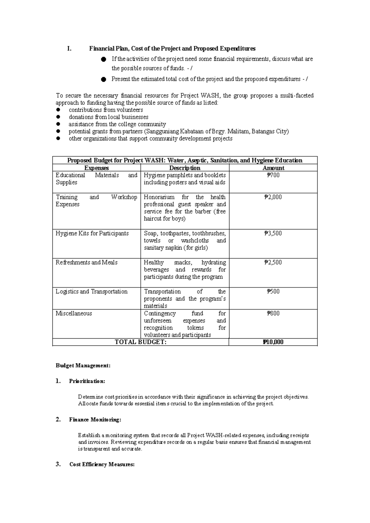 Financial Plan (raw) - I. Financial Plan, Cost of the Project and ...