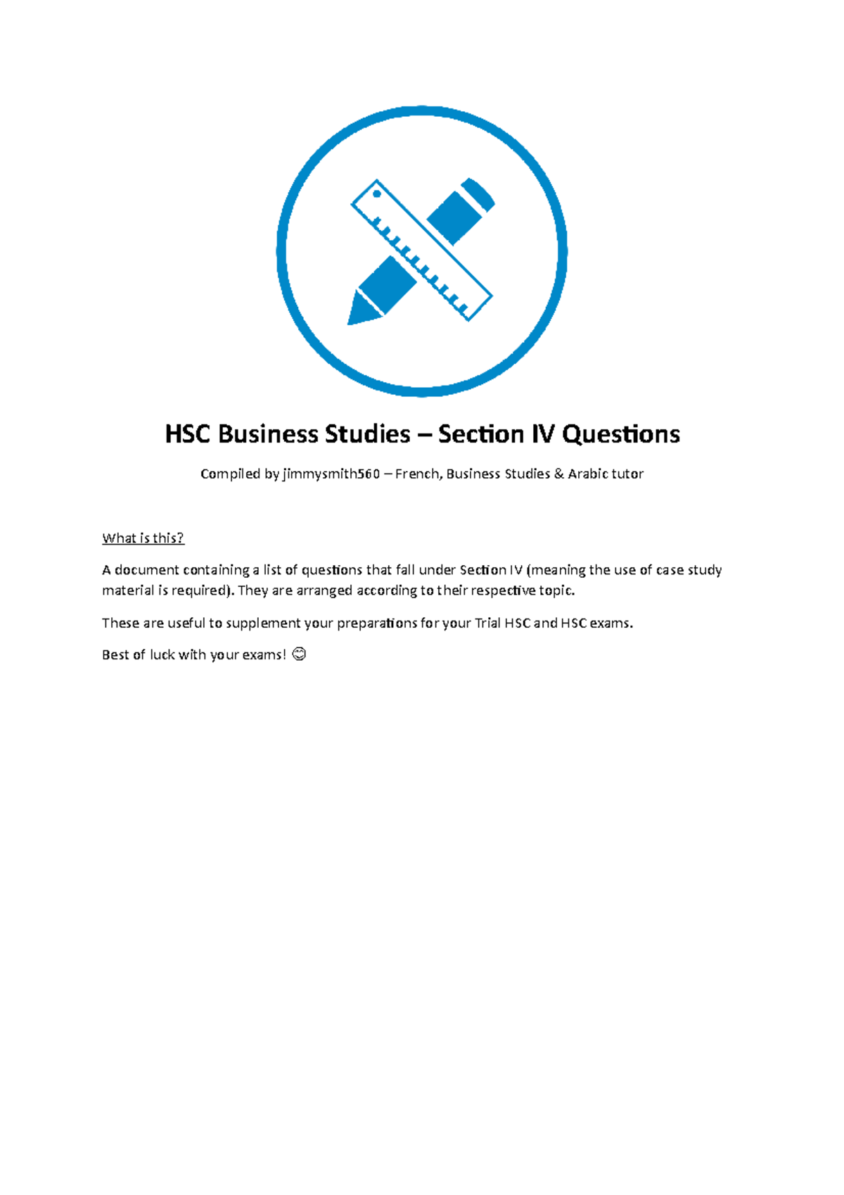 Questions for Essays - HSC Business Studies – Section IV Questions ...