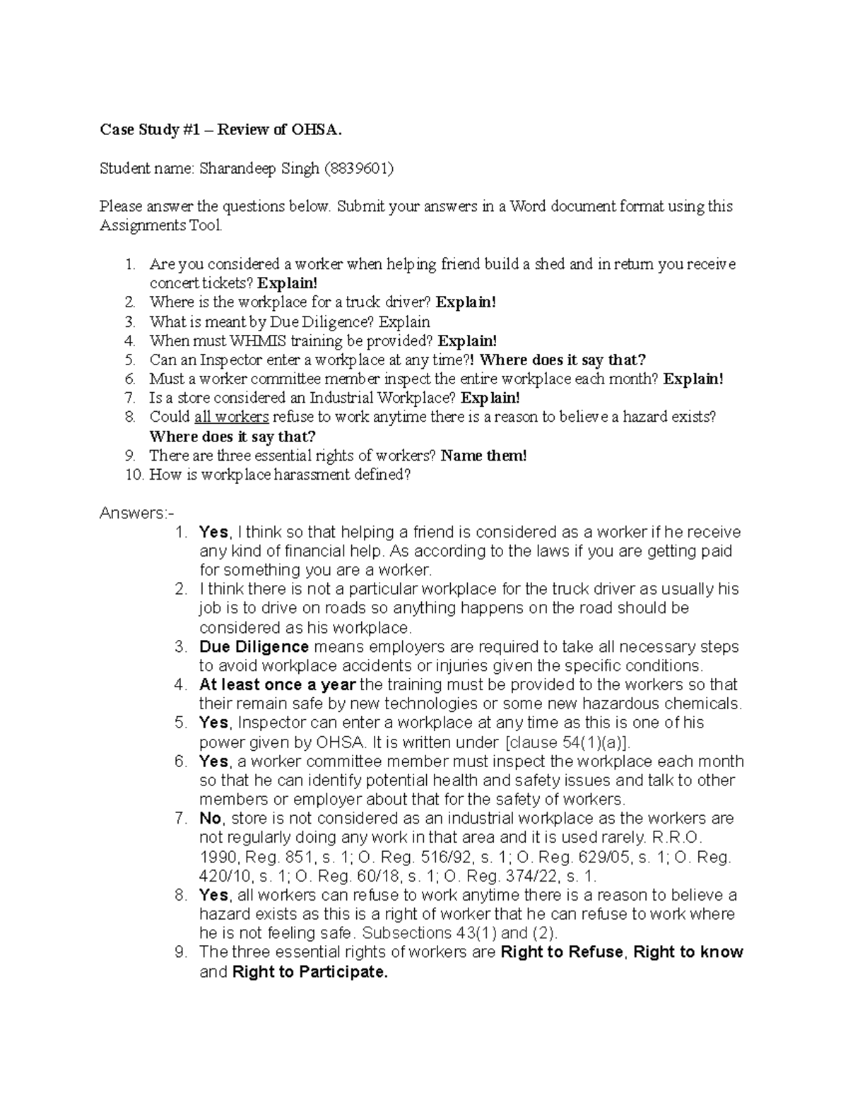 Case Study 1 - OHS - Case Study #1 – Review of OHSA. Student name ...