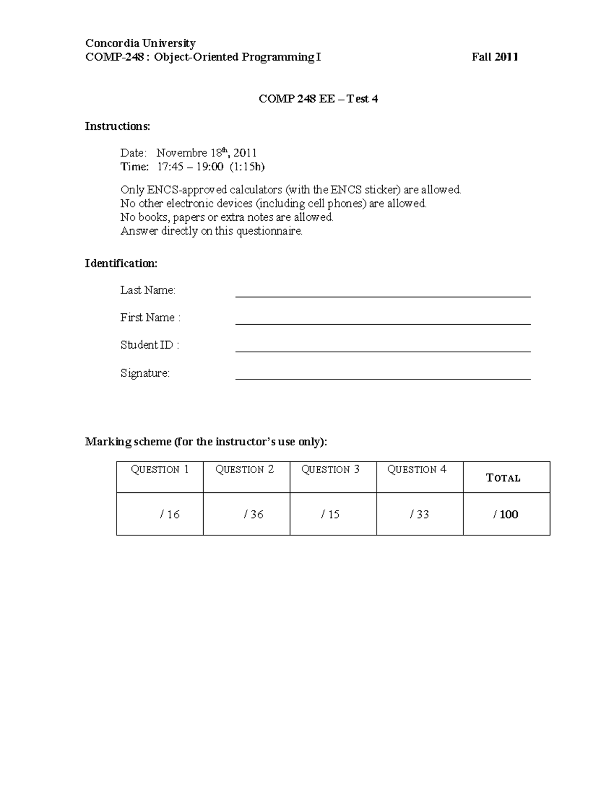 Sample/practice exam 18 November Fall 2011, questions - Concordia ...