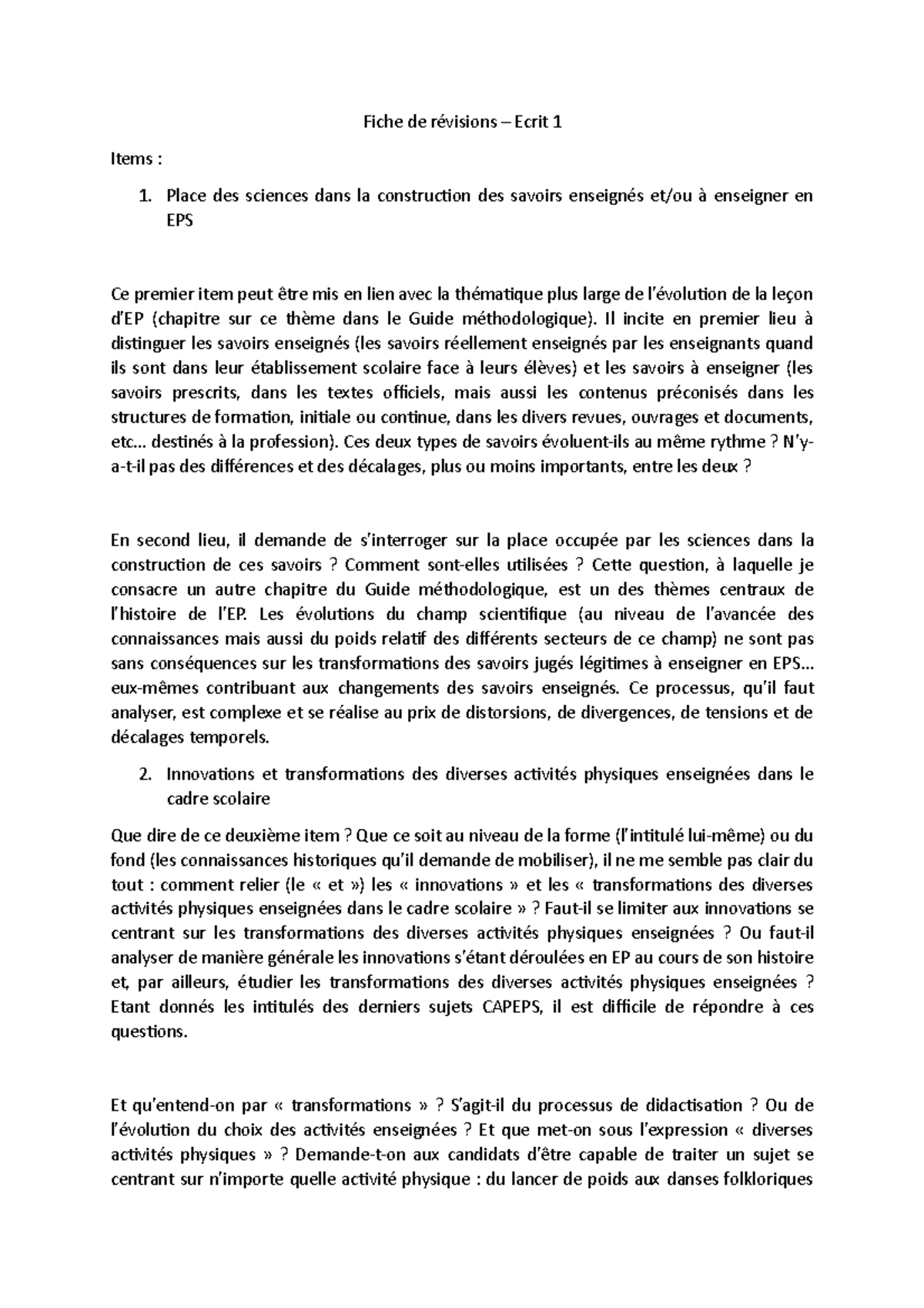 Fiche de révisions - Ecrit 1 - Fiche de révisions – Ecrit 1 Items ...