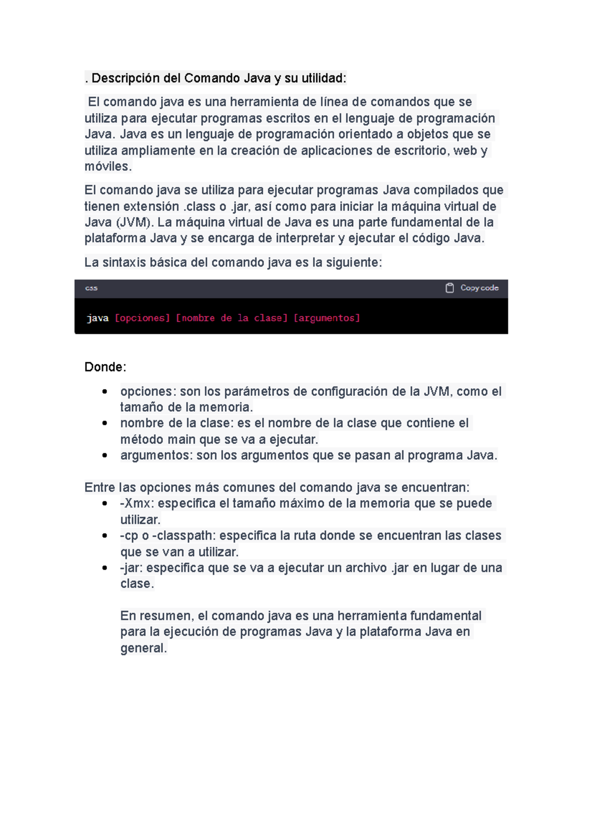 Descripción del Comando Java y su utilidad - Descripción del Comando ...