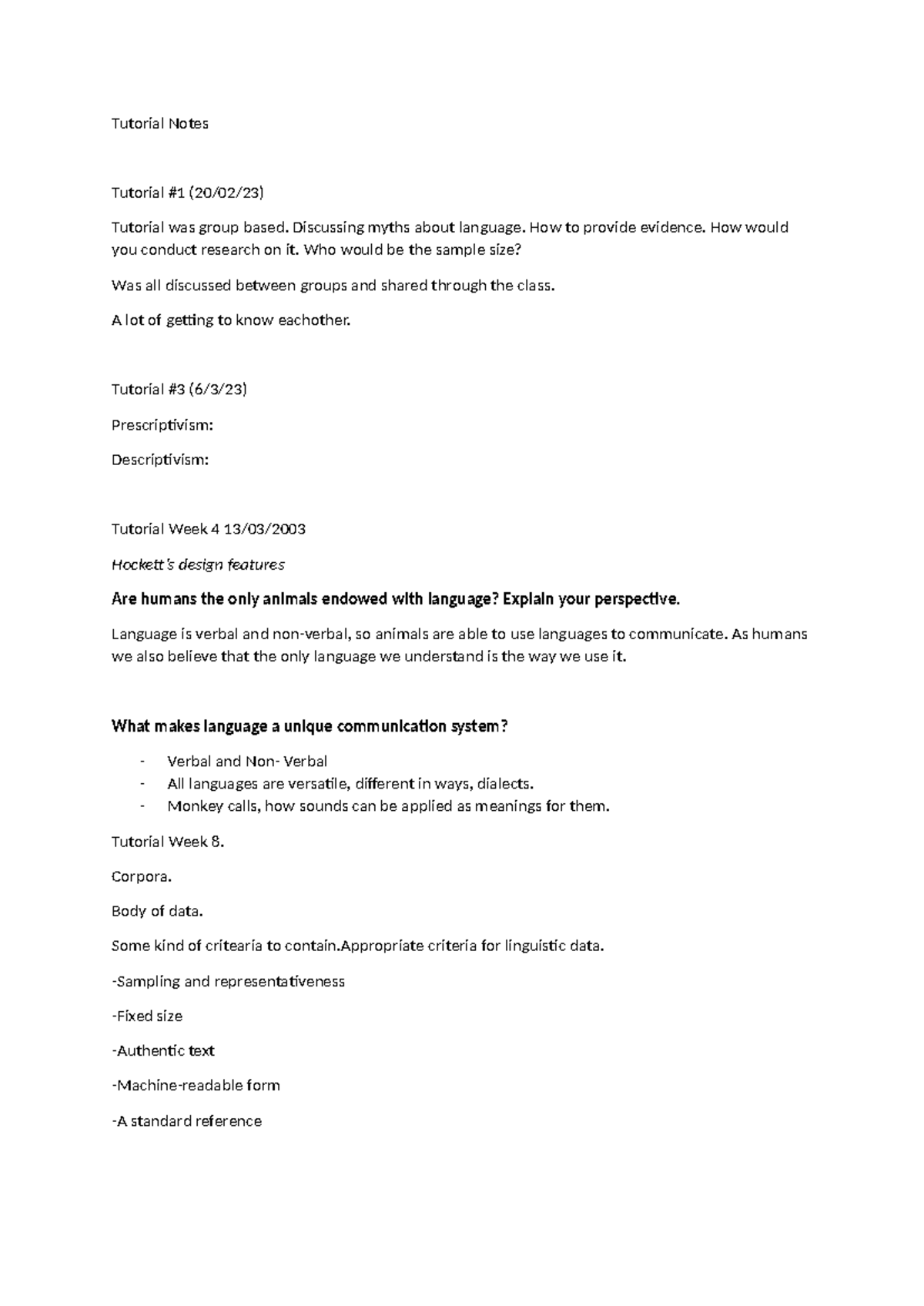 Tutorial Notes - Tutorial Notes Tutorial #1 (20/02/23) Tutorial was ...