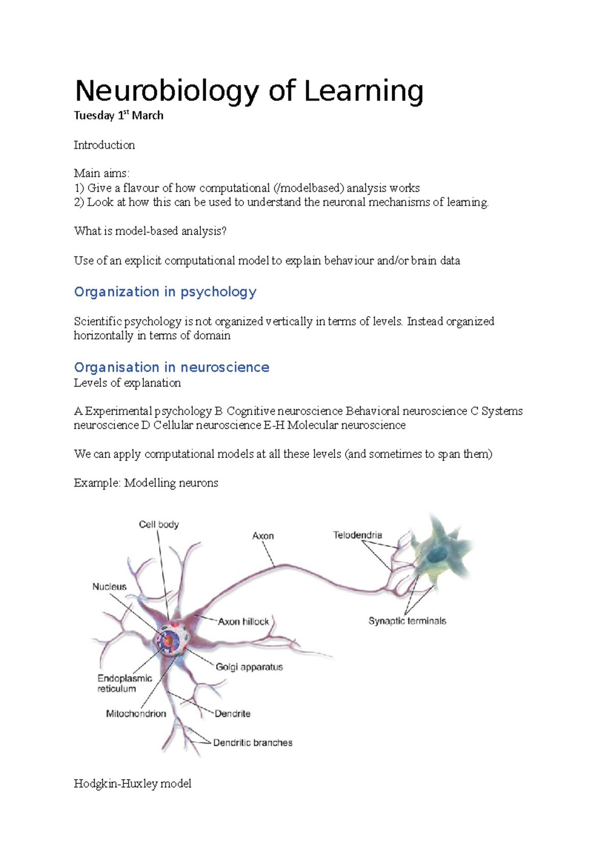 Neurobiology of Learning - Neurobiology of Learning Tuesday 1st March ...